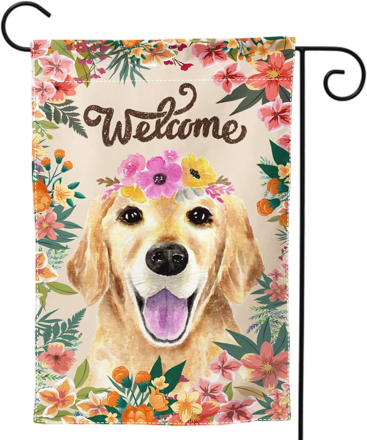 Welcome Golden Retriever Garden Flag - Flower and Dog All-Weather Flag ...
