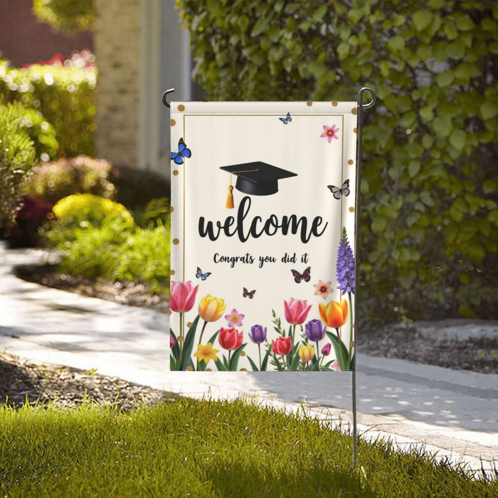Welcome Graduation Garden Flag 12x18 Inch Double Sided Floral Butterfly ...
