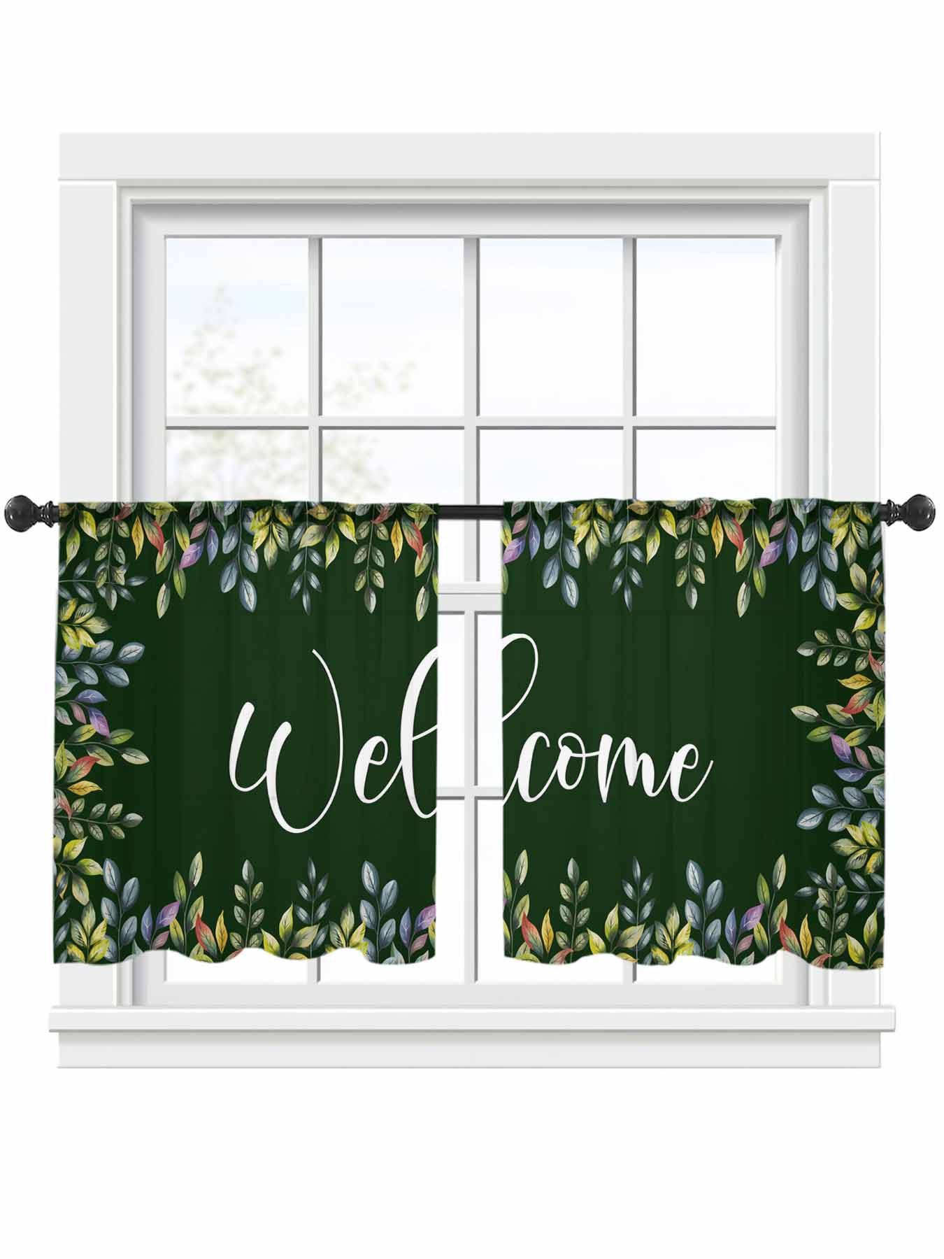 Welcome Green Leaf Sheer Curtains 54 Inch Length 2 Panels Set, Semi ...