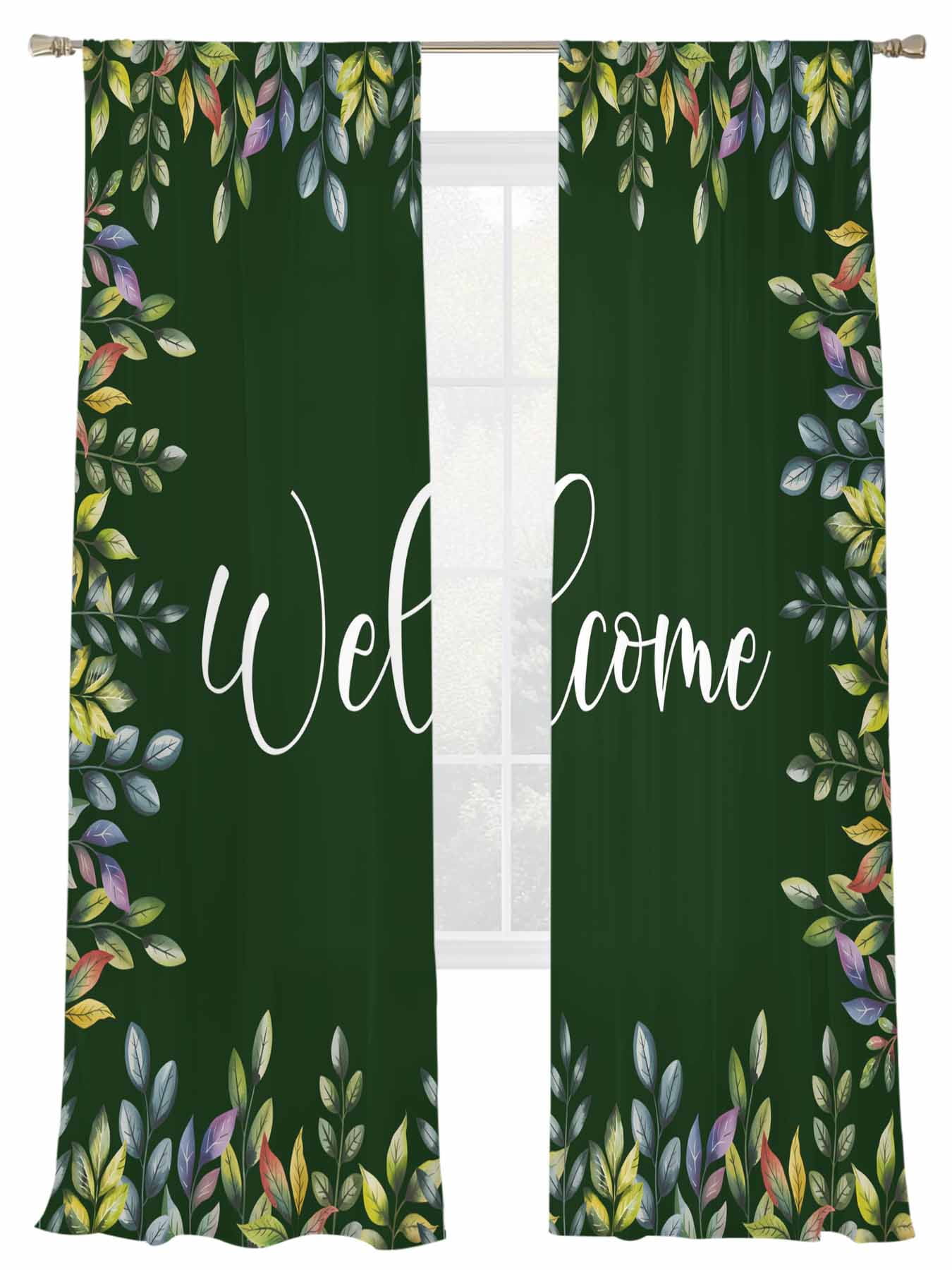 Welcome Green Leaf Sheer Curtains 96 Inch Length 2 Panels Set, Semi ...