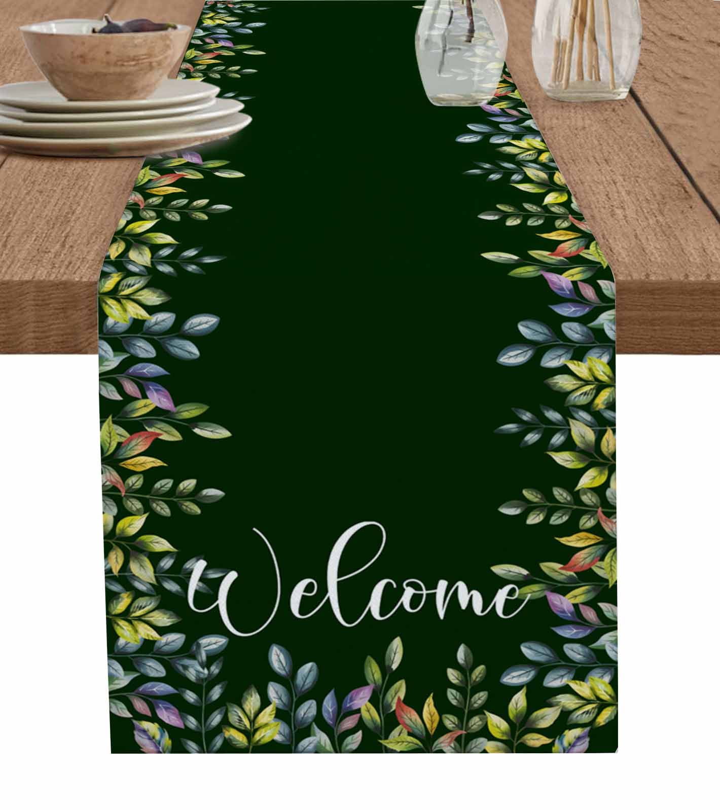Welcome Green Leaf Table Runner Pastoral Summer Botanical Tablerunners ...