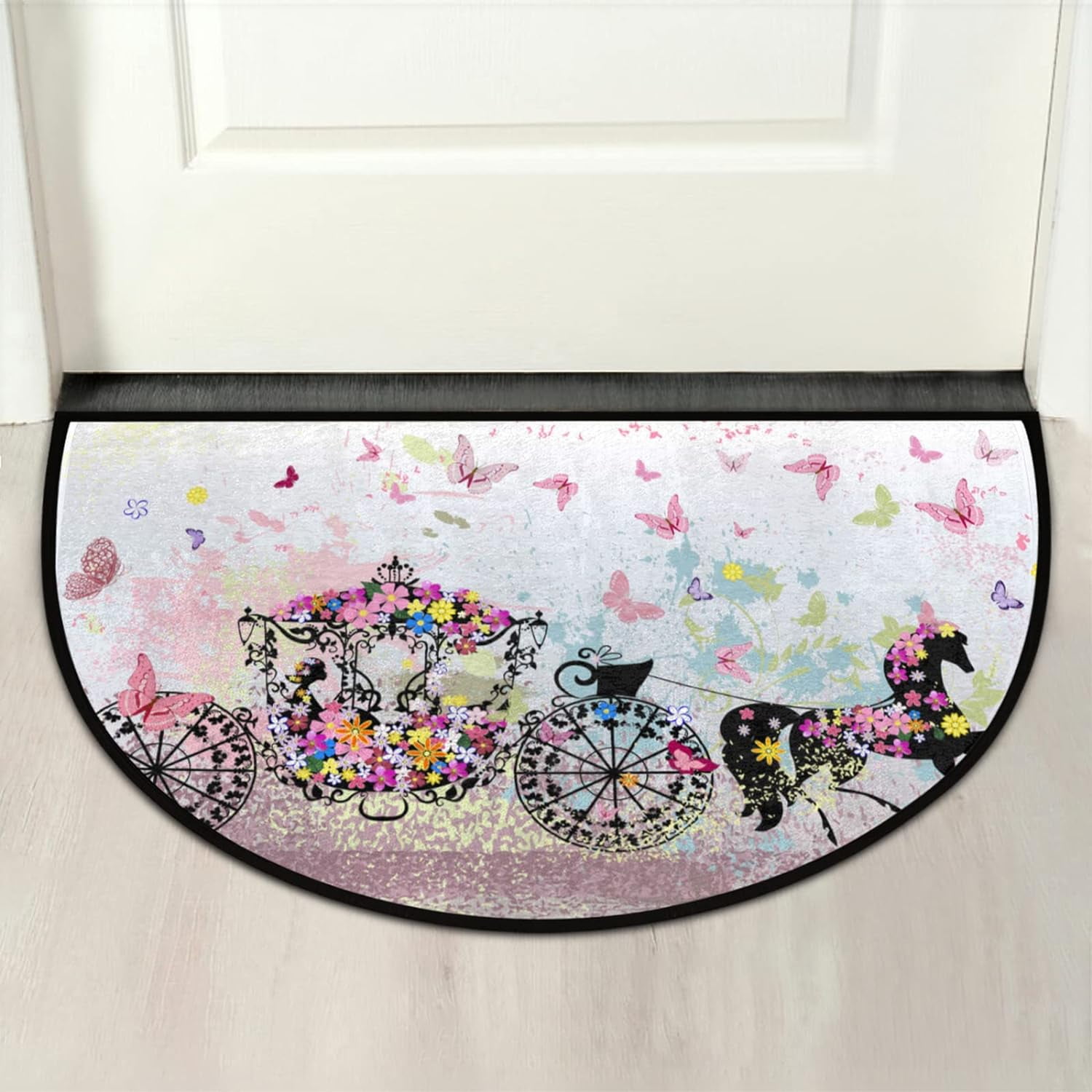 Welcome Half Round Door Mat Pretty Butterfly Carriage Washable Home ...