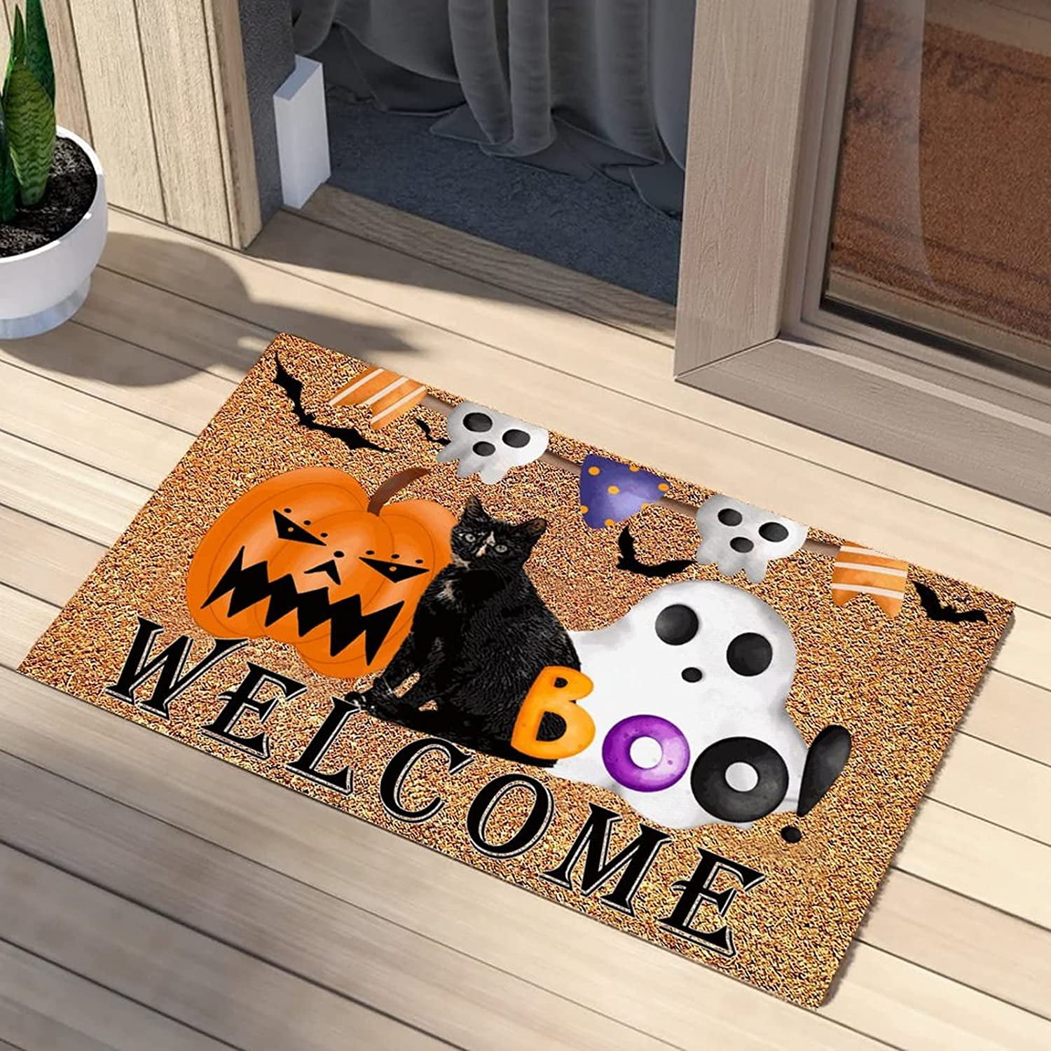Welcome Halloween Cat with Witch Hat Welcome Mat Coconut Coir Boo Witch ...