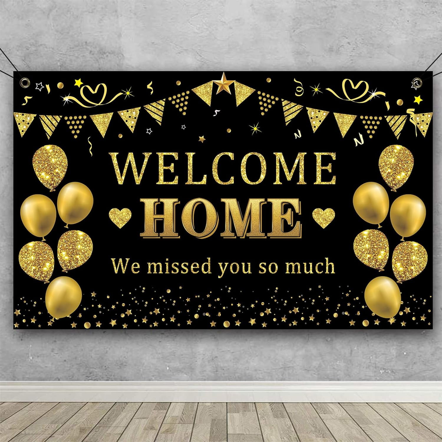 Welcome Home Banner Decorations, Black Gold Welcome Home Backdrop, We ...