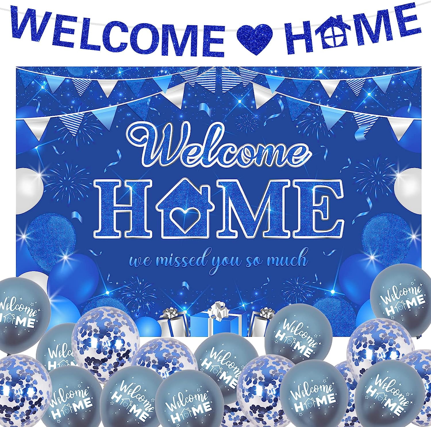 Welcome Home Decorations - Blue Welcome Home Backdrop, Glitter Welcome ...