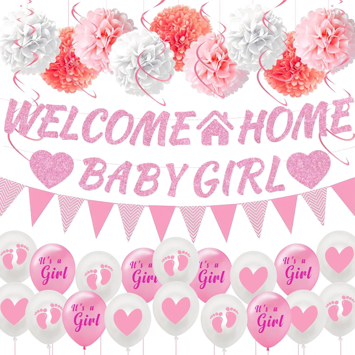 Welcome Home Decorations, Glitter Pink Welcome Home Baby Girl Banners ...