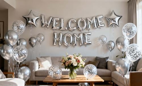 Welcome Home Letter Balloon Silver Banner with Star Confetti Balloons ...
