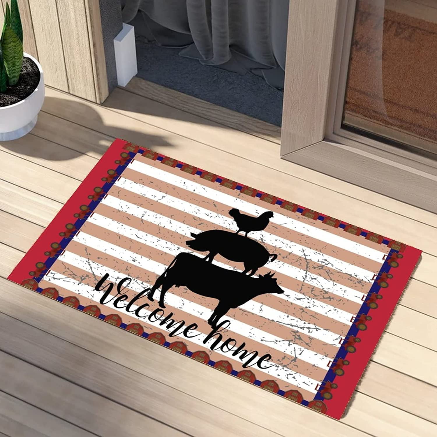 Welcome Home Pig Cows Rooster Black Red Striped Mat Entry Patio Busy ...