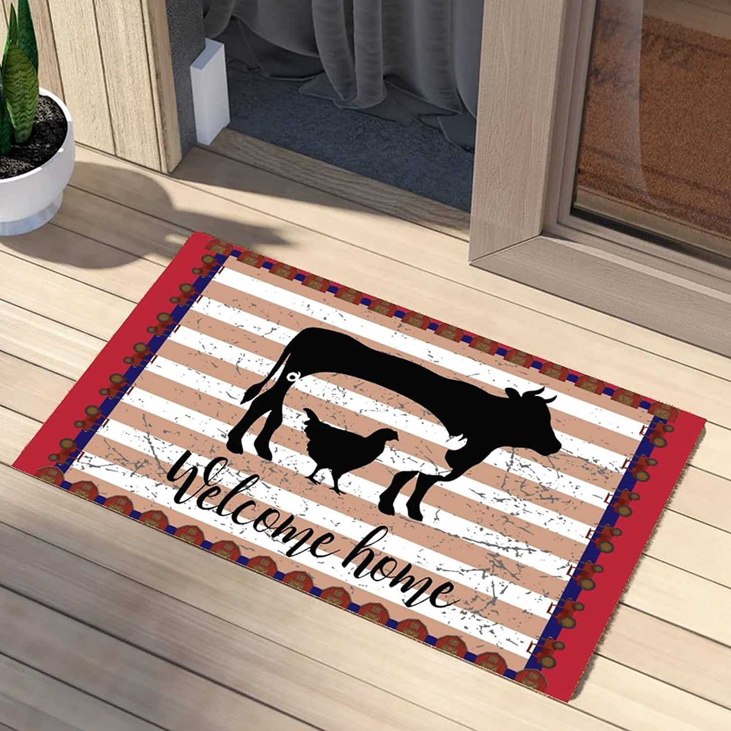 Welcome Home Pig Cows Rooster Black Red Striped Welcome Mat Garage ...