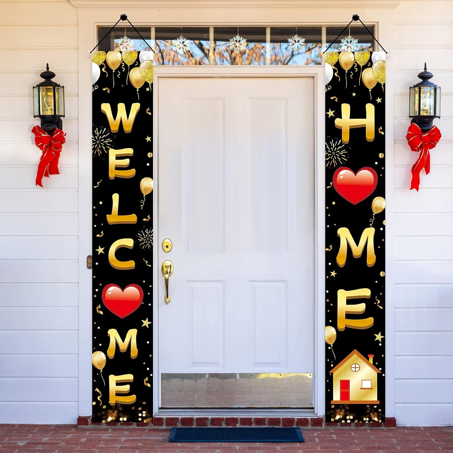 Welcome Home Porch Sign Banner Decoration, Black Gold Welcome Back Home ...