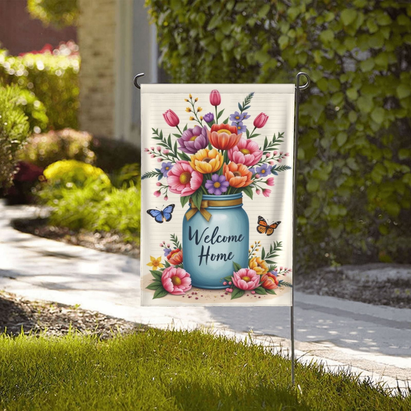 Welcome Home Spring Summer Garden Flag Floral Mason Jar Butterflies ...