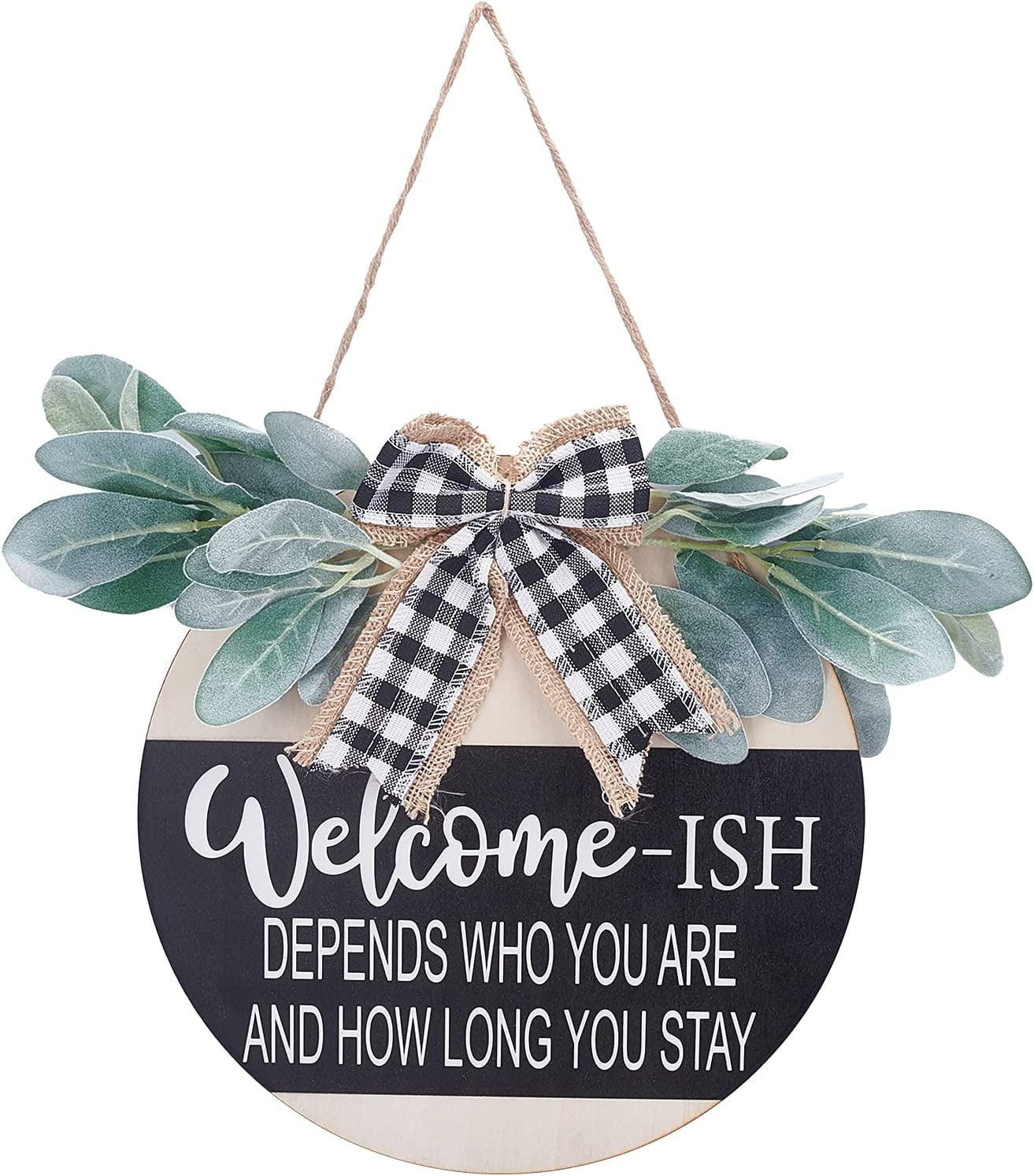 Welcome-ISH Bowknot Welcome Sign Retro Wooden Flat Round Hanging Plaque ...