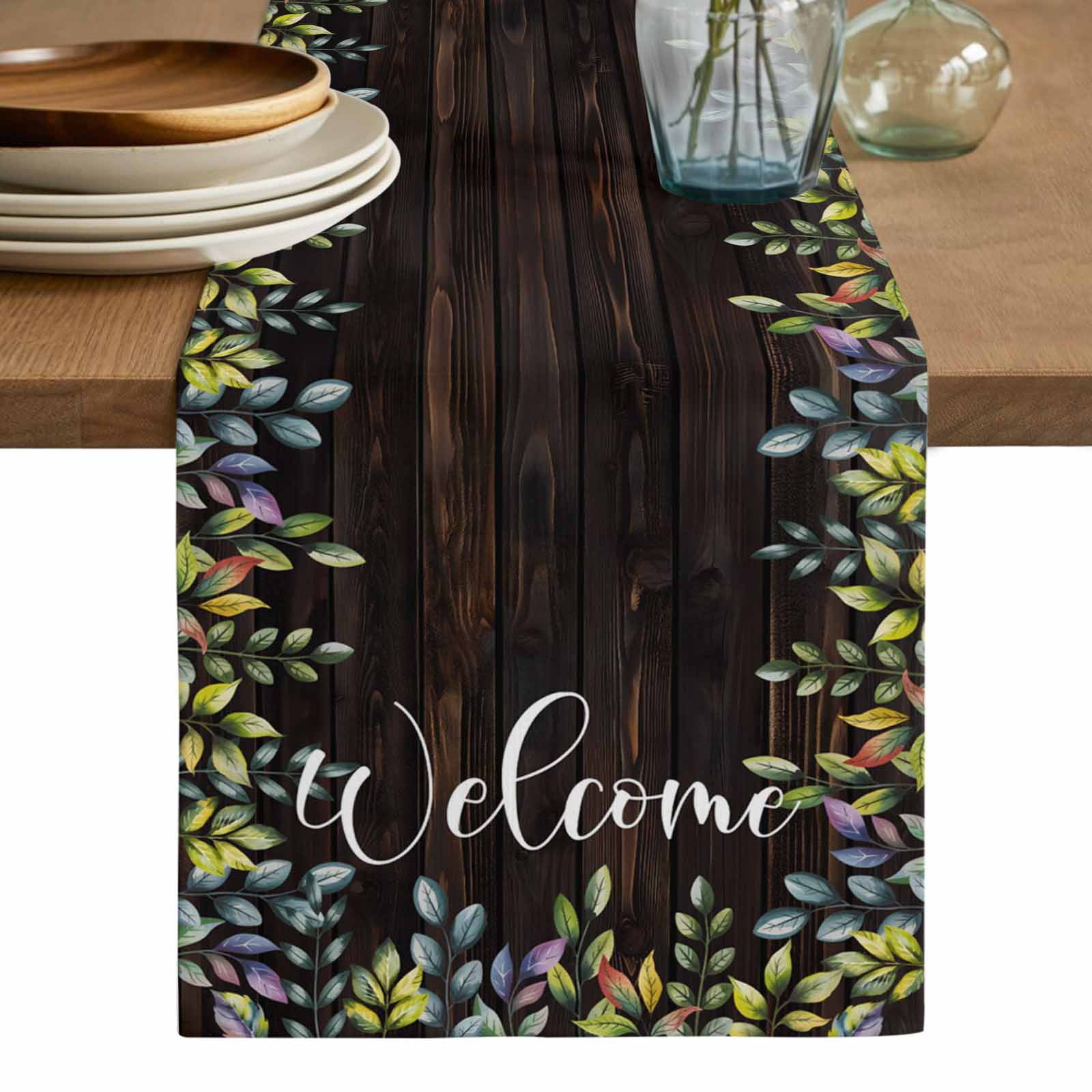 Welcome Leaf Table Runner, Pastoral Summer Botanical Wooden Brown ...