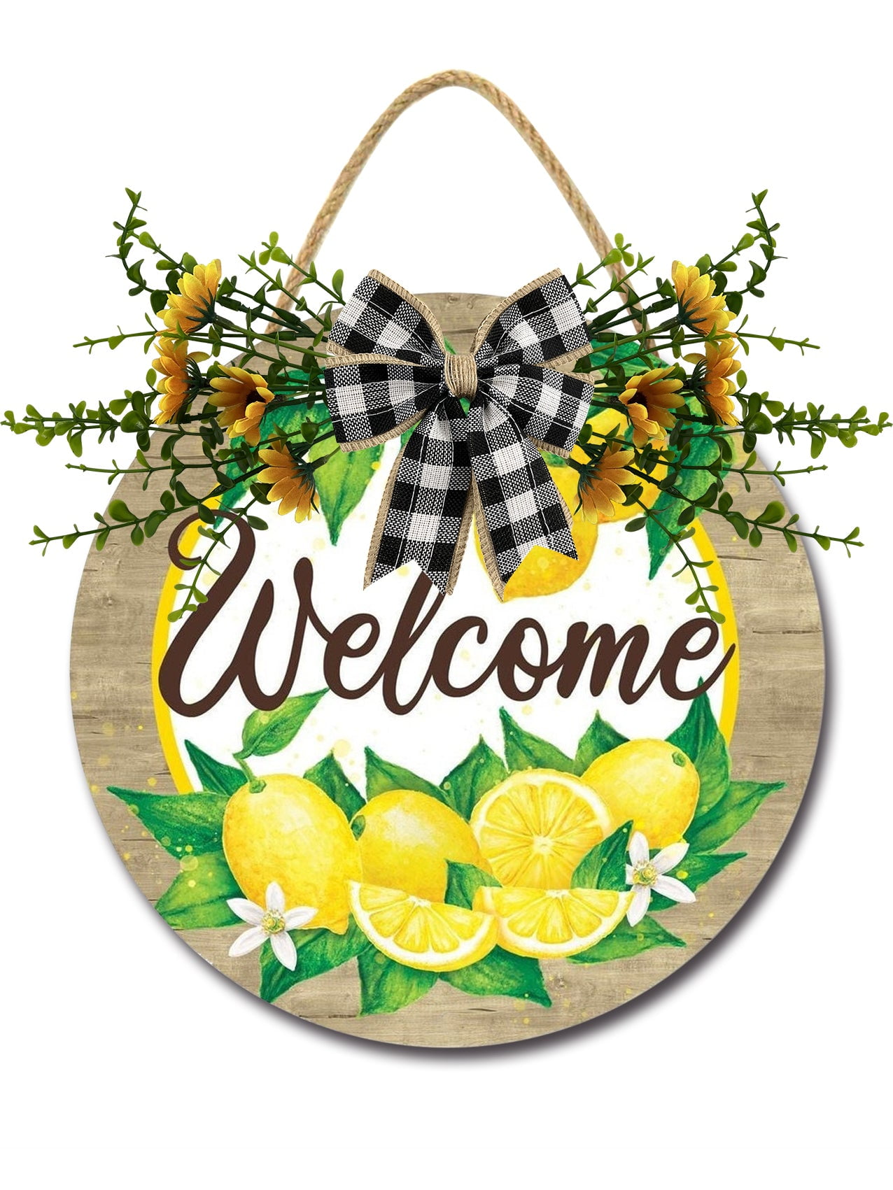 Welcome Lemon Door Sign Home Decor Round Wood Wreaths Wall Hanging Sign ...