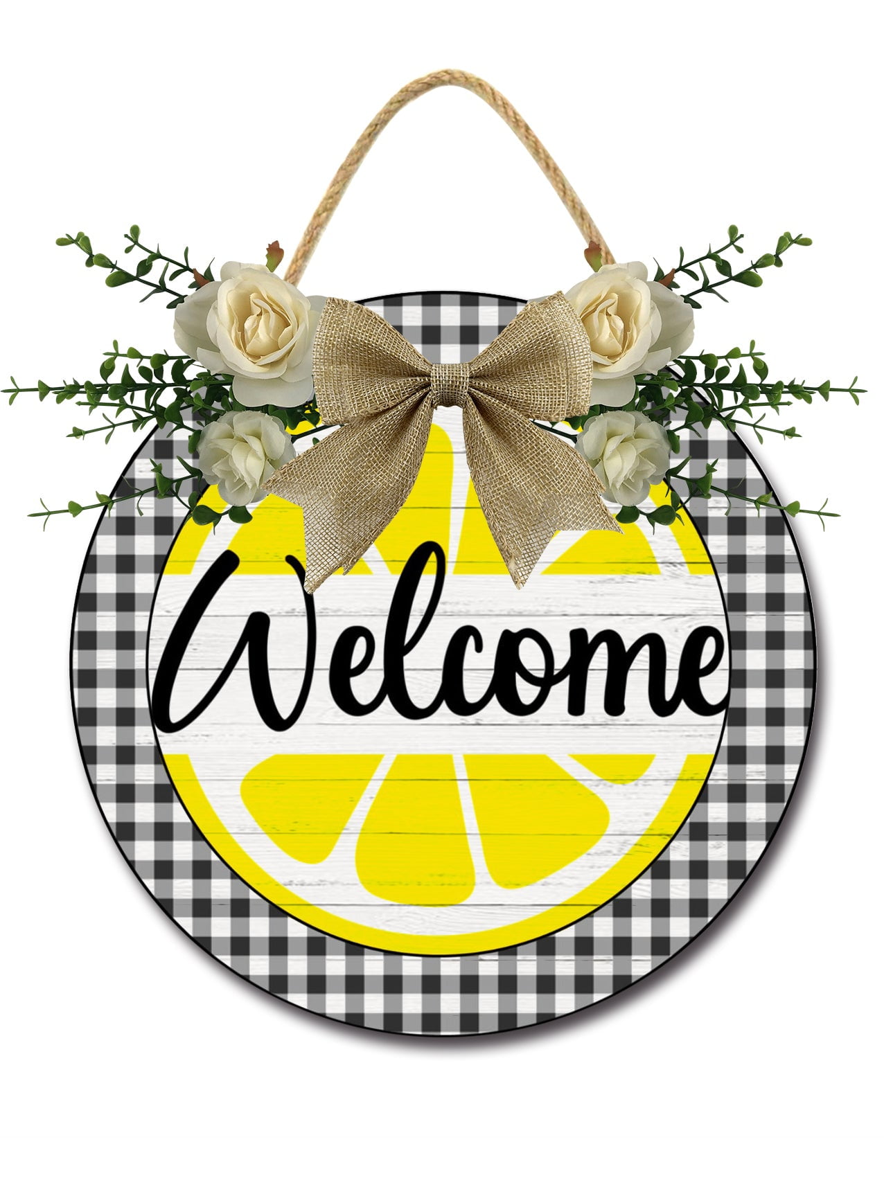 Welcome Lemon Door Sign Home Decor Round Wood Wreaths Wall Hanging Sign ...
