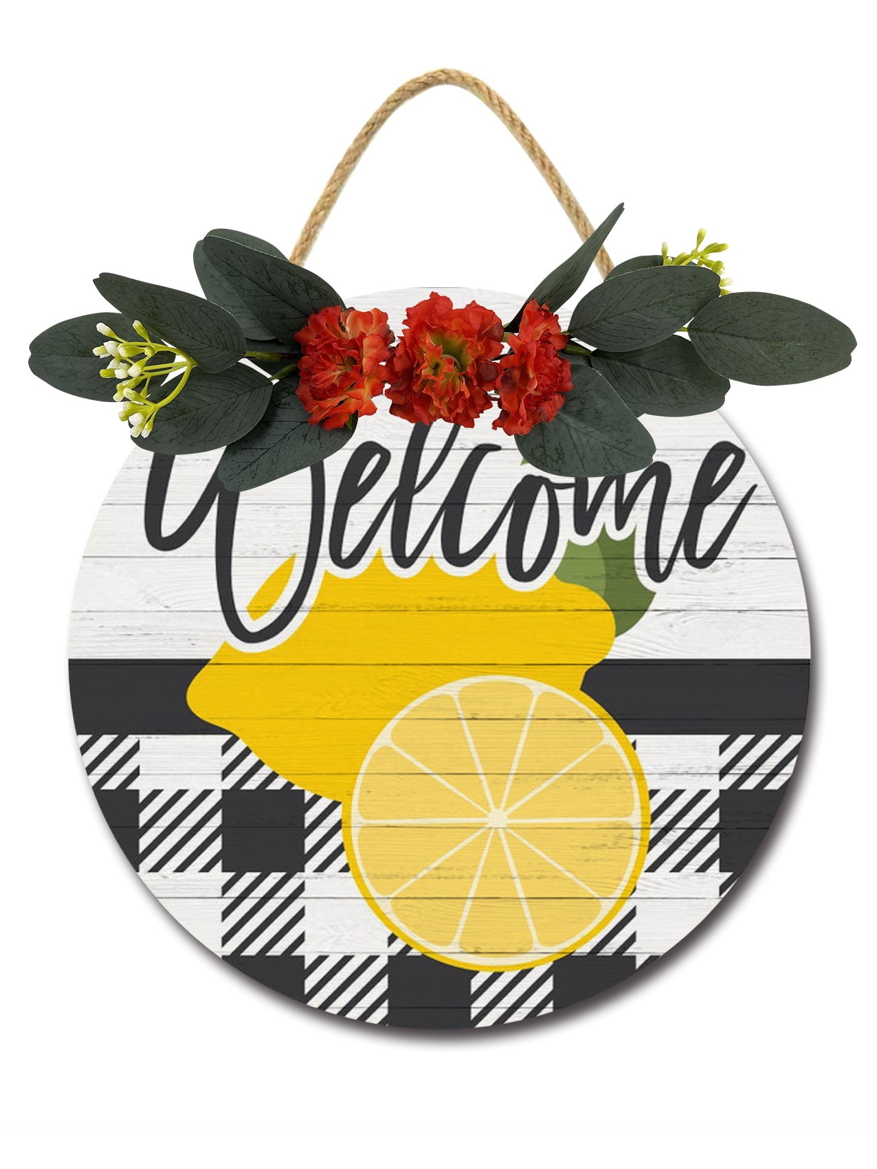 Welcome Lemon Door Sign Home Decor Round Wood Wreaths Wall Hanging Sign ...