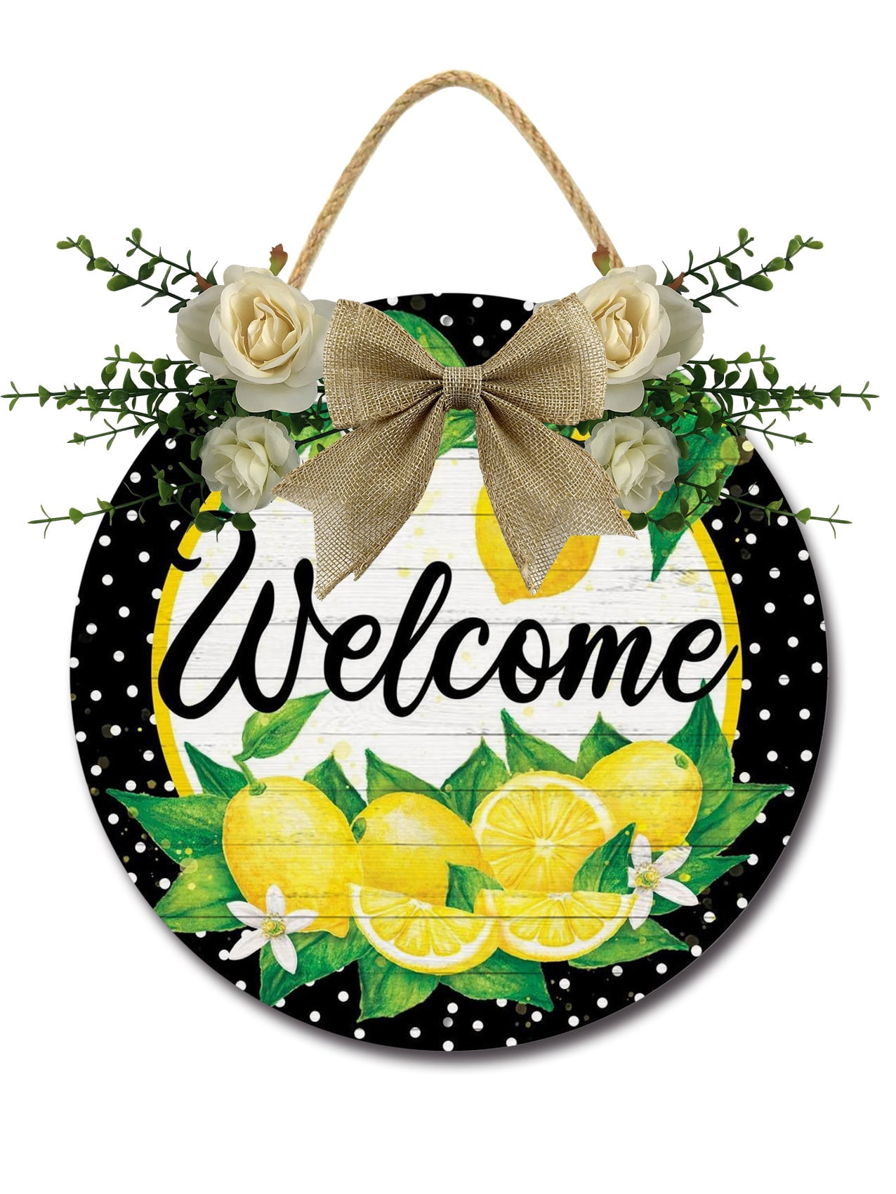 Welcome Lemon Door Sign Home Decor Round Wood Wreaths Wall Hanging Sign ...
