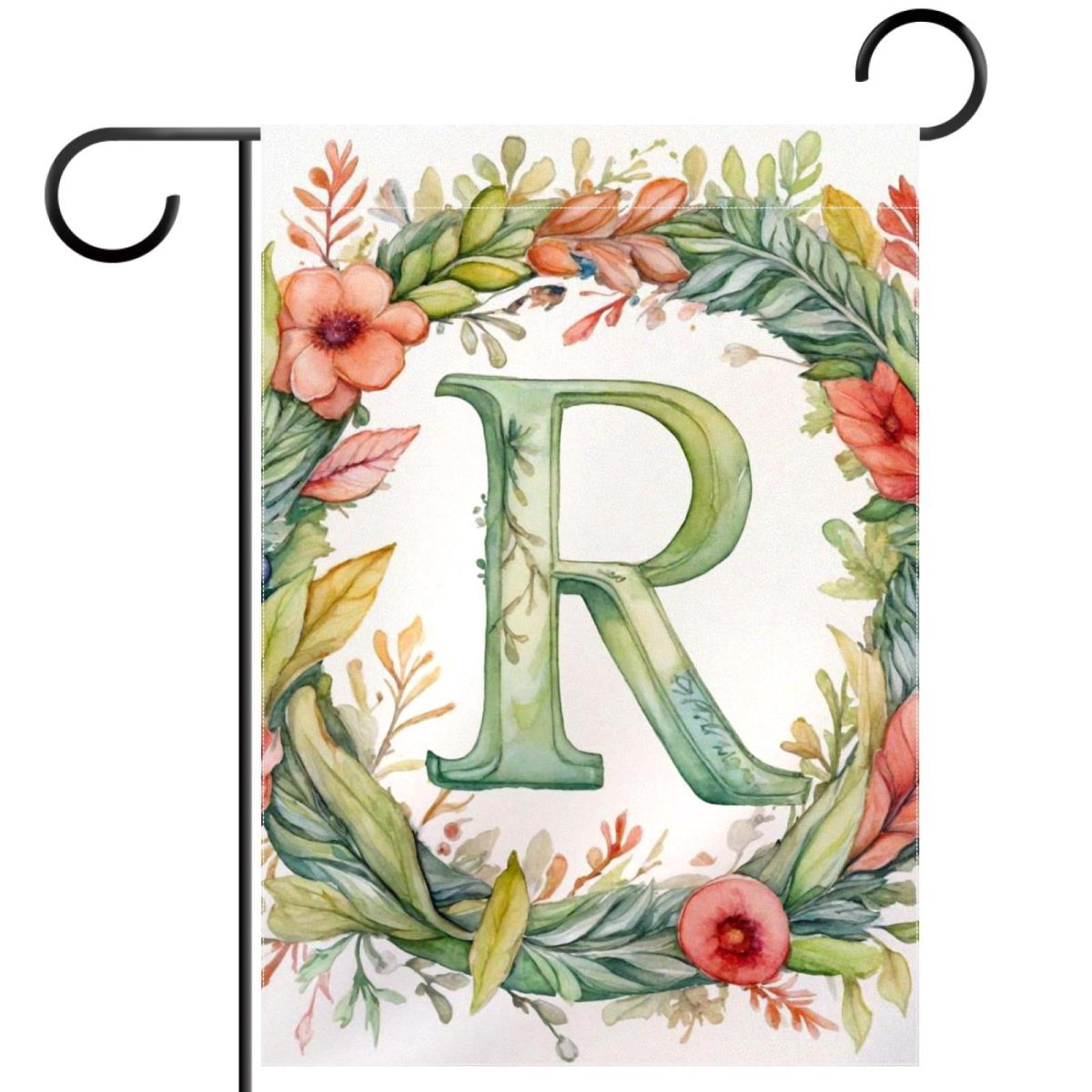 Welcome Letter R with Wreath Watercolor Pattern Garden Flag, Vertical ...