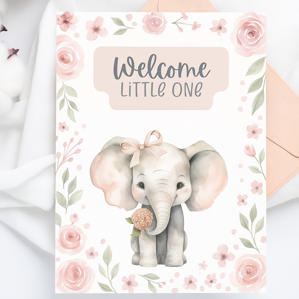 Welcome Little One Baby Elephant Card – Adorable Floral Design with ...