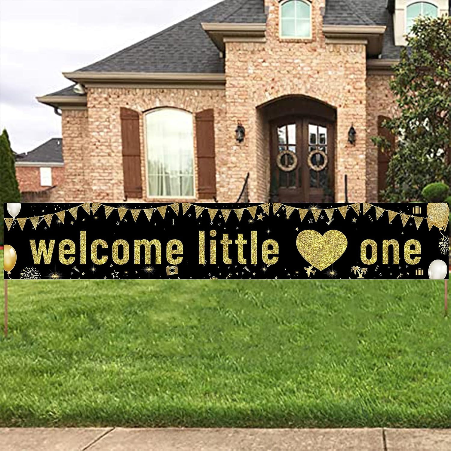 Welcome Little One Banner - Black and Gold Baby Shower Gender Reveal ...