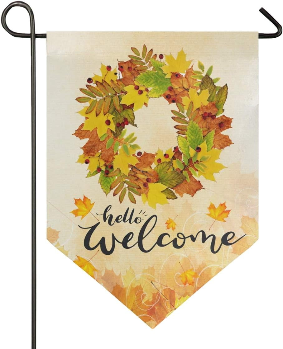 Welcome Maple Leaves Wreath Garden Flag Double Sided, Flowers Wreath ...