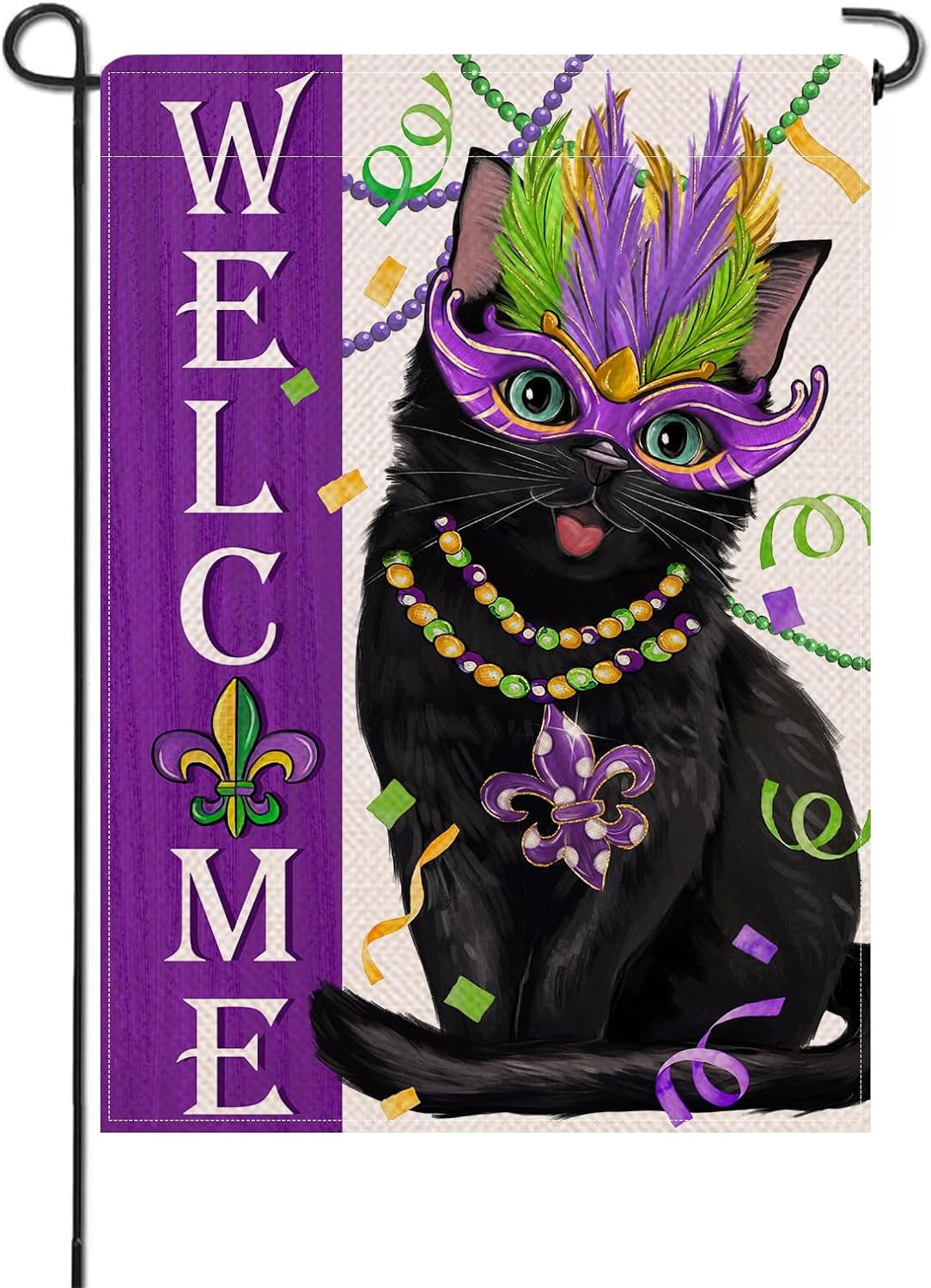 Welcome Mardi Gras Black Cat Decorative Garden Flag, Purple Mask Fleur ...