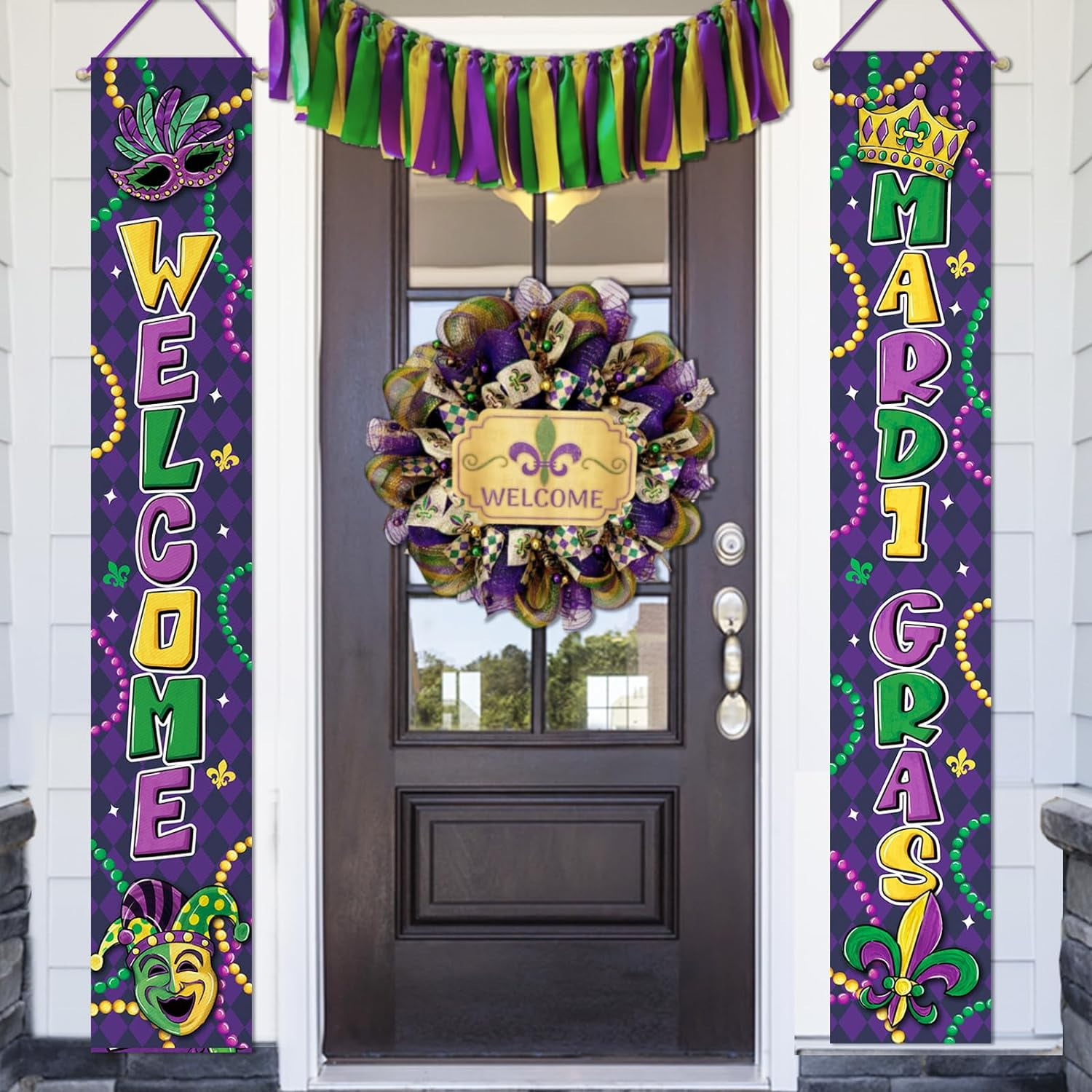 Welcome Mardi Gras Purple Porch Banner Sign, Jester Mask Fleur De Lis ...