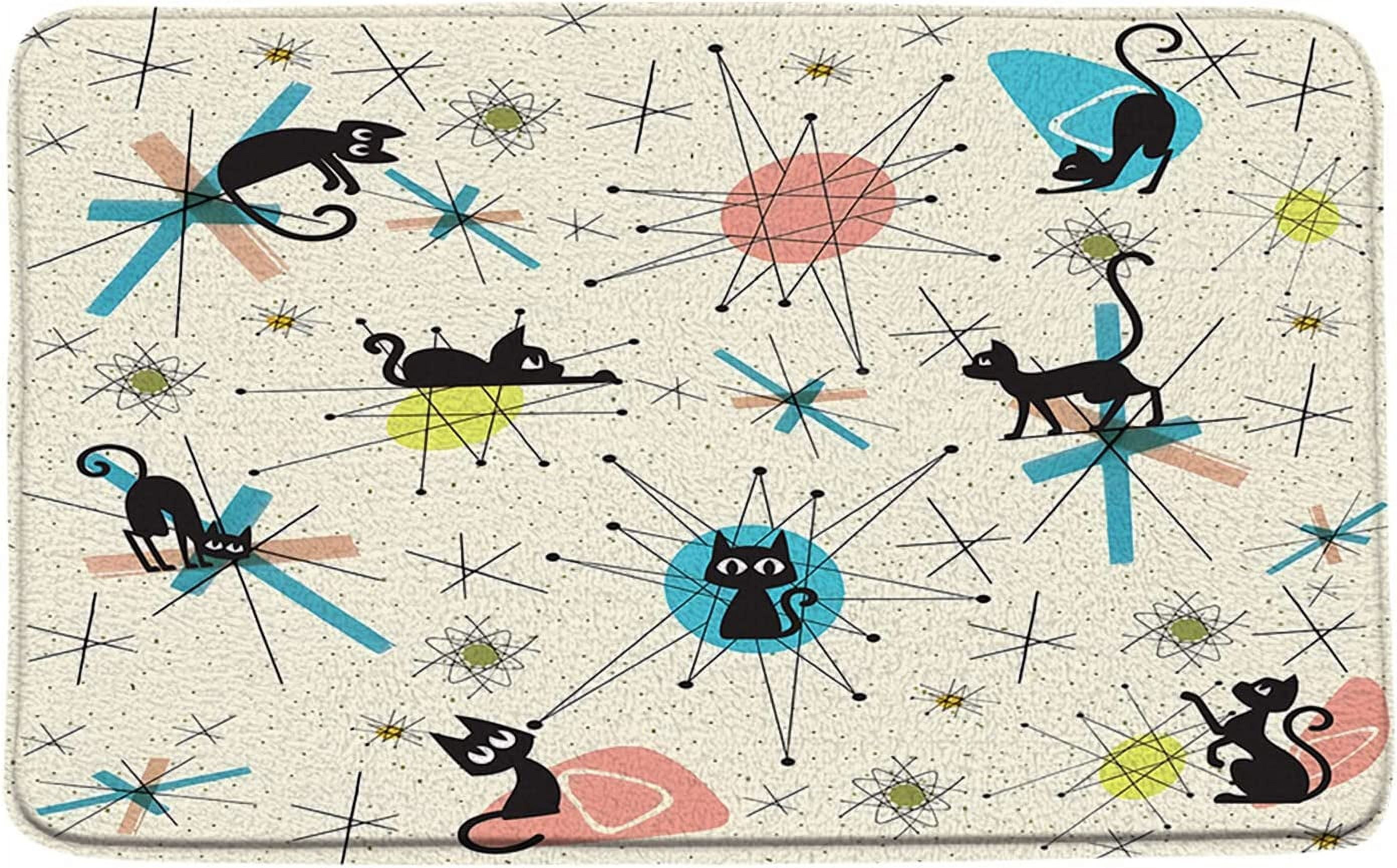 Welcome Mat Mid Century Retro Atomic Starburst Black Cat Abstract ...