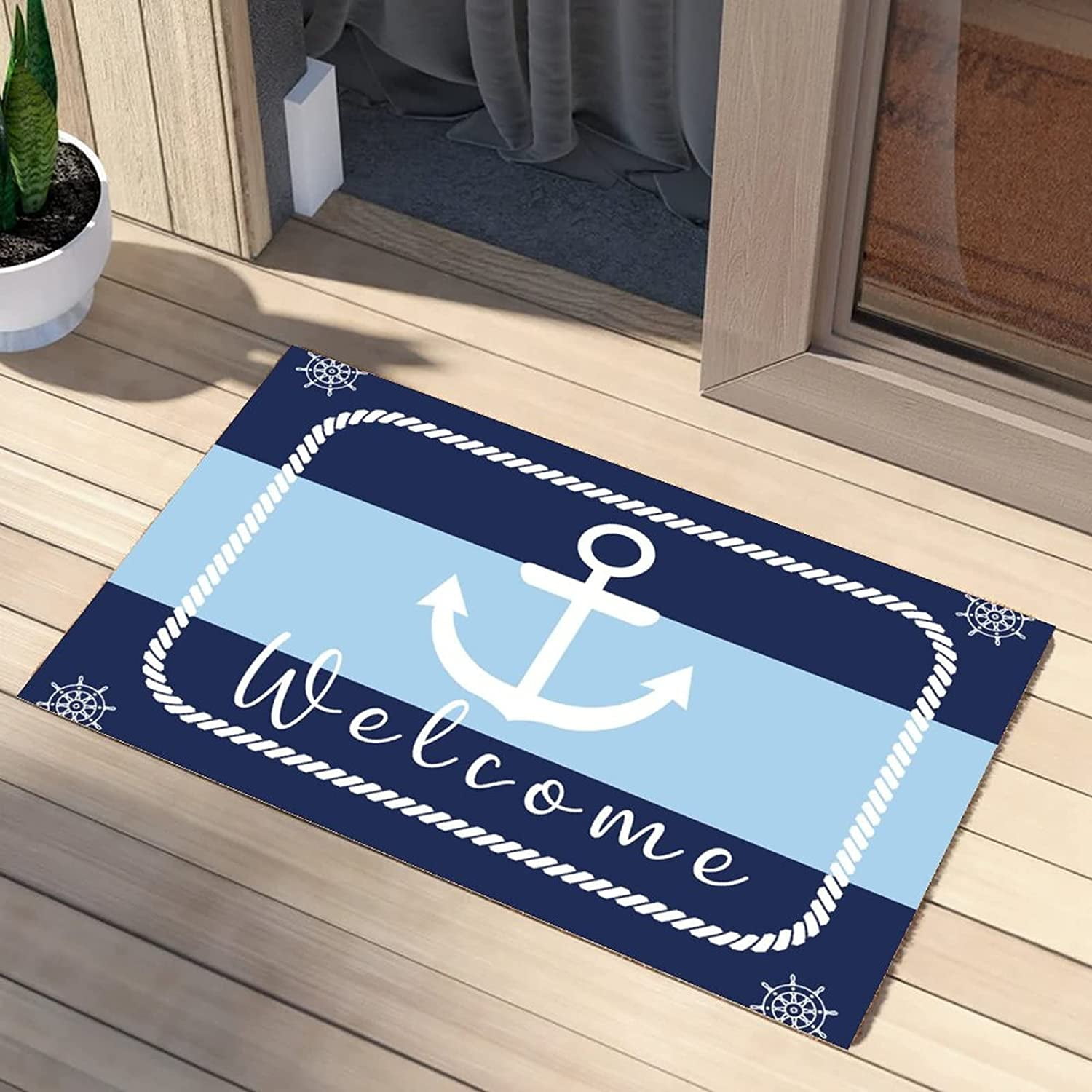 Welcome Nautical Anchor Sea Ocean Door Mats Inside Outside Entry Blue ...
