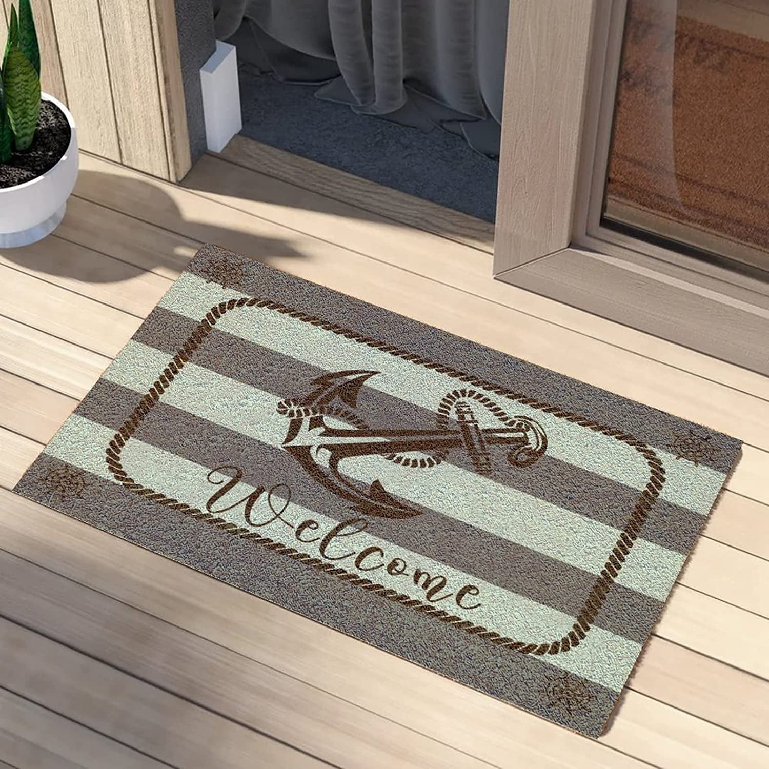 Welcome Nautical Anchor Sea Ocean Mat Coconut Coir Blue Stripe Entry ...