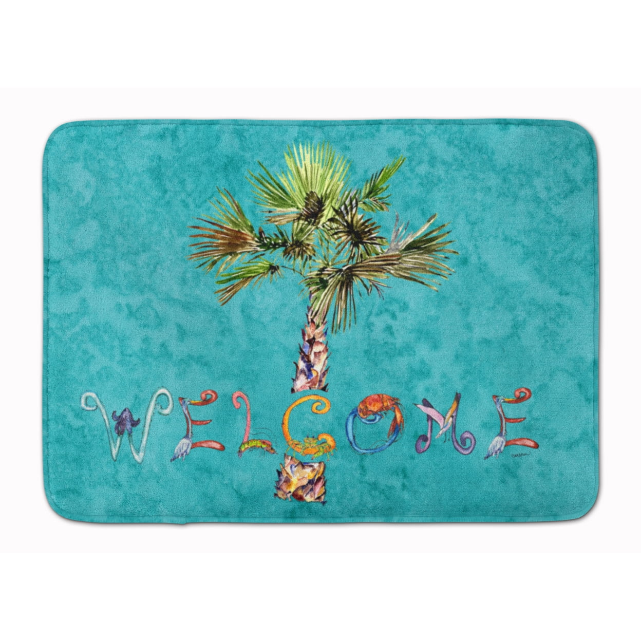 Welcome Palm Tree on Teal Machine Washable Memory Foam Mat - Walmart.com