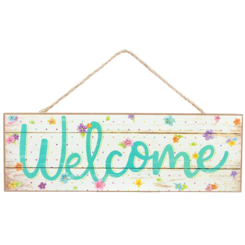 Welcome Pastel Flowers Wooden Sign - 15" x 5", Easter Decoration ...