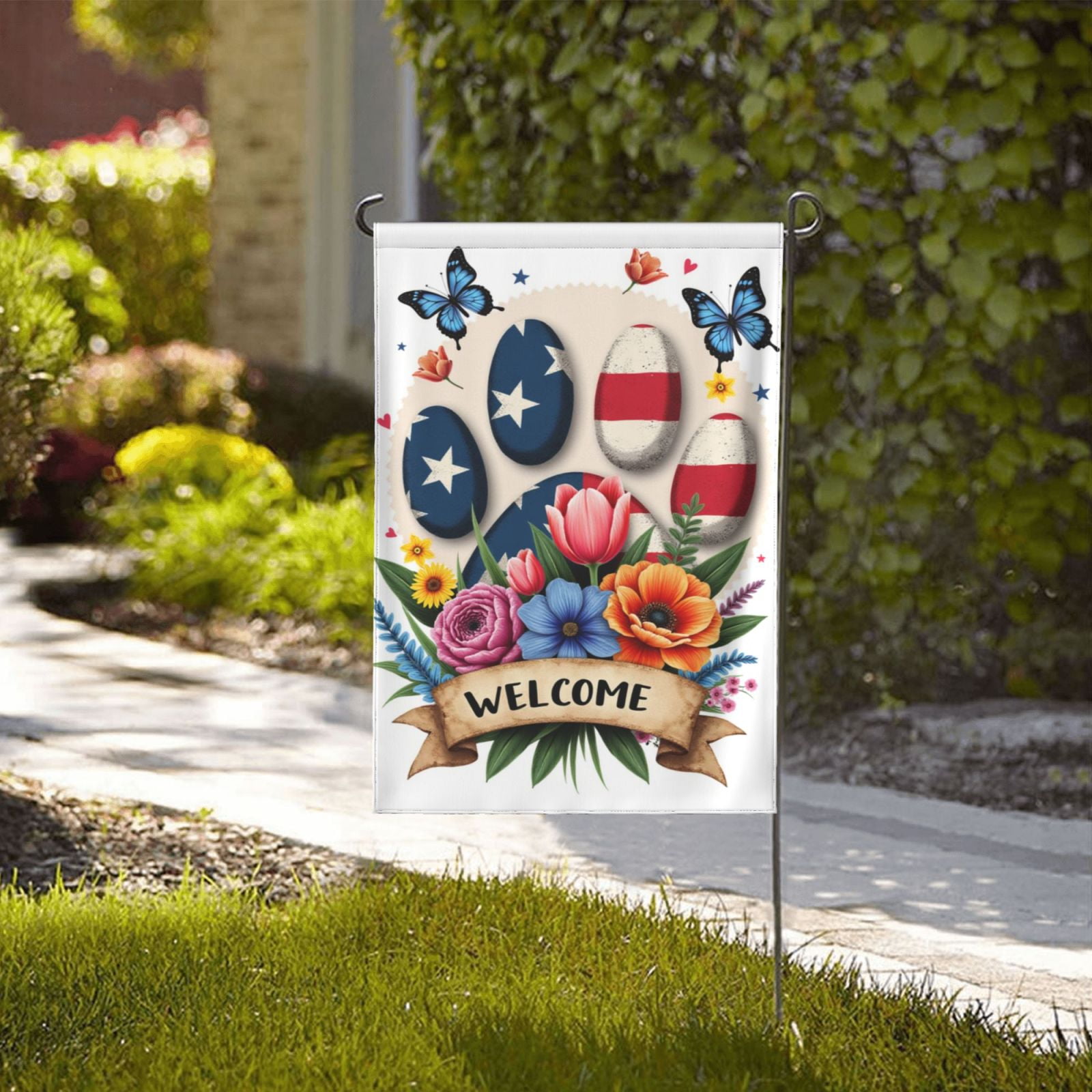 Welcome Patriotic Paw Print Garden Flag 12x18 Inch Double Sided Floral ...