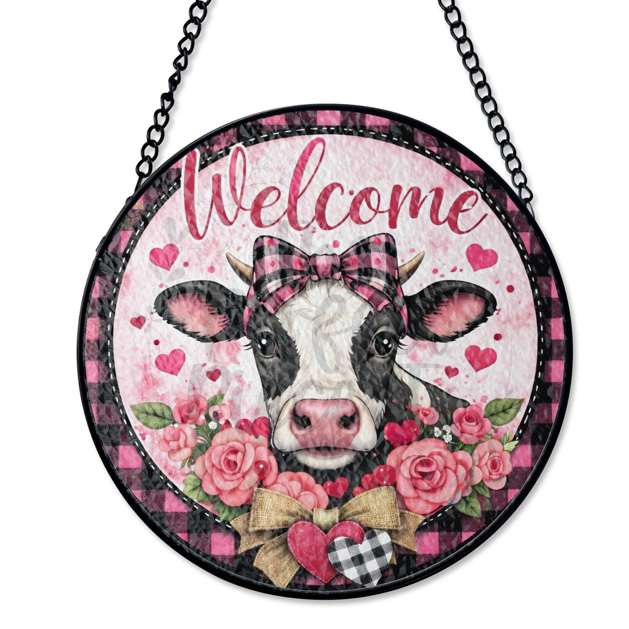 Welcome Pink Plaid Cow Valentine Stained Glass Suncatcher UV Printed ...