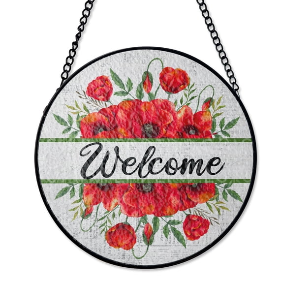 Welcome Poppy Red Floral Suncatcher Stained Glass Style UV Printed ...