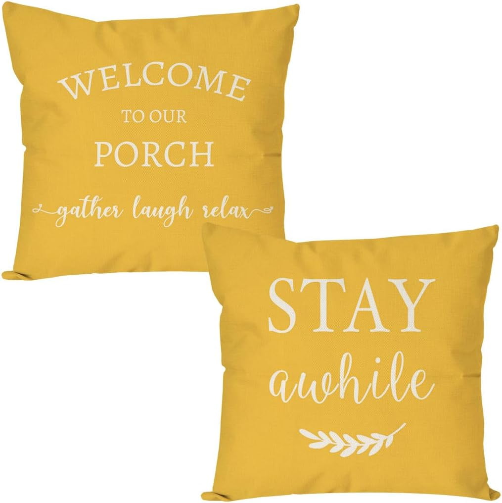 Welcome to Our Porch Stay Awhile Blue Farmhouse Decorative Throw Pillow ...