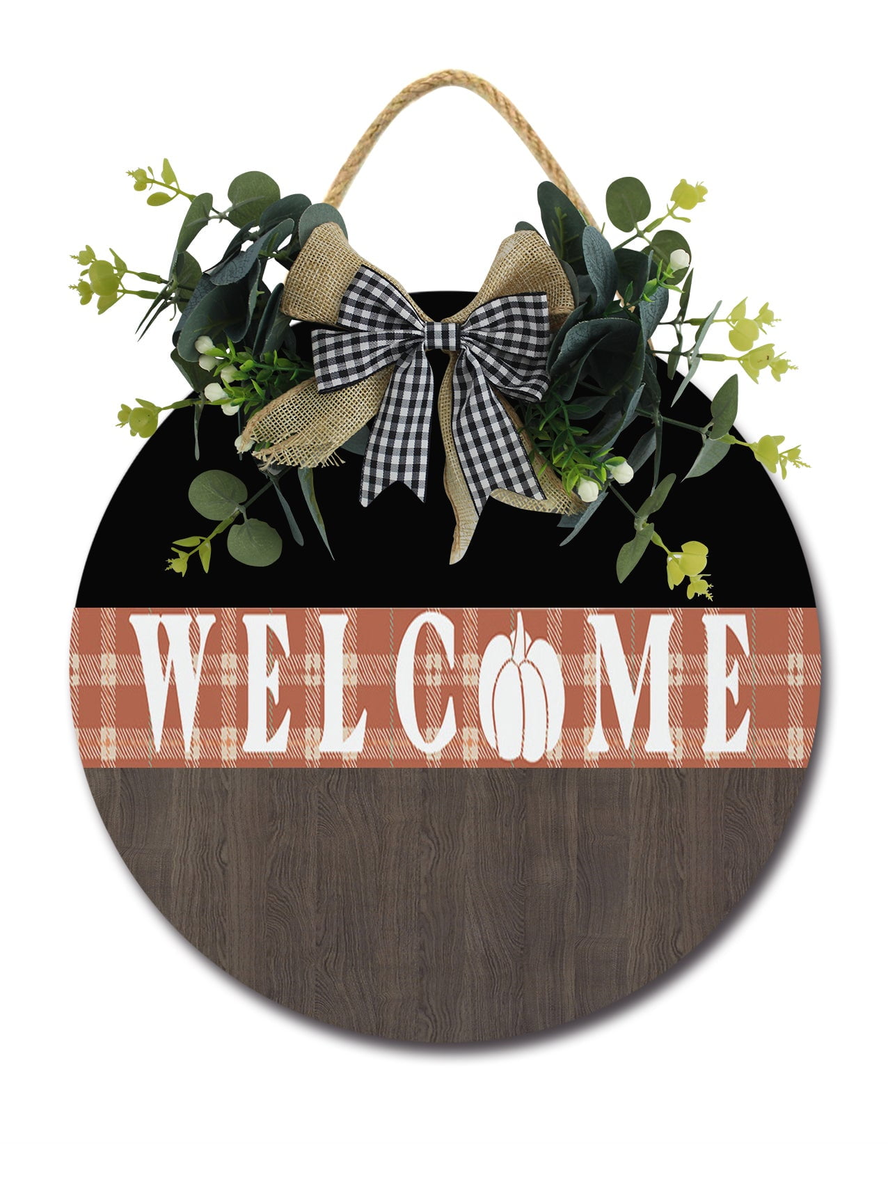 Welcome Pumpkin Wooden Front Door Sign Rustic Round Wreath Wall Hanger ...