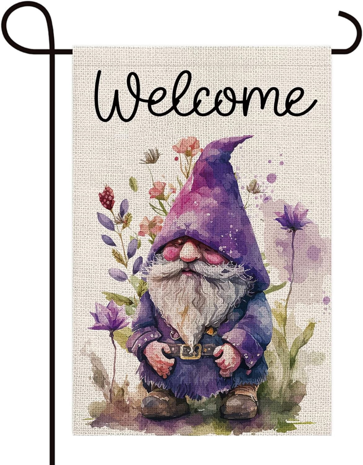 Welcome Purple Gnome Flower Decoration Double Sided Vertical Burlap ...