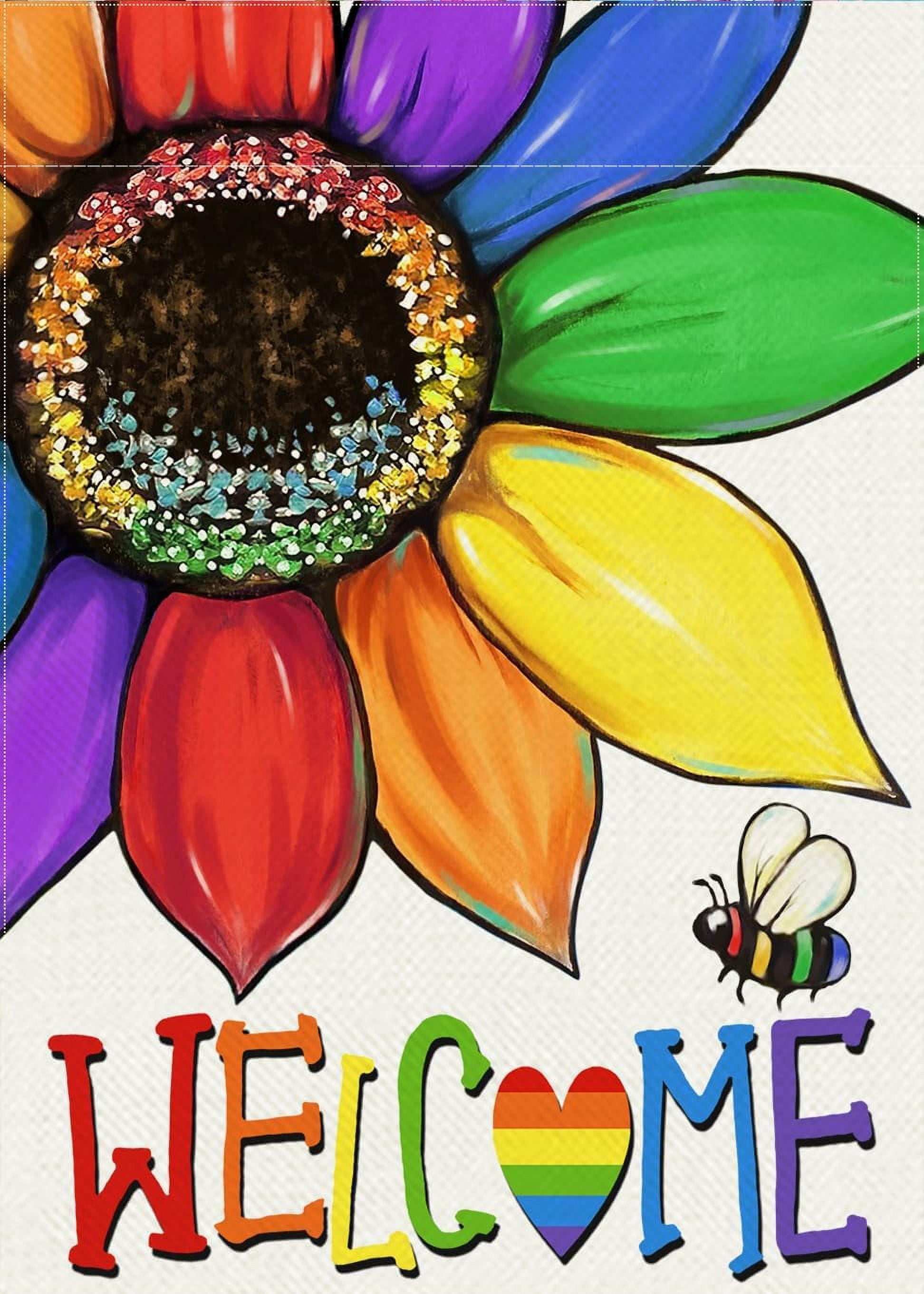 Welcome Rainbow Sunflower Decorative Garden Flag, Summer LGBTQ Love ...