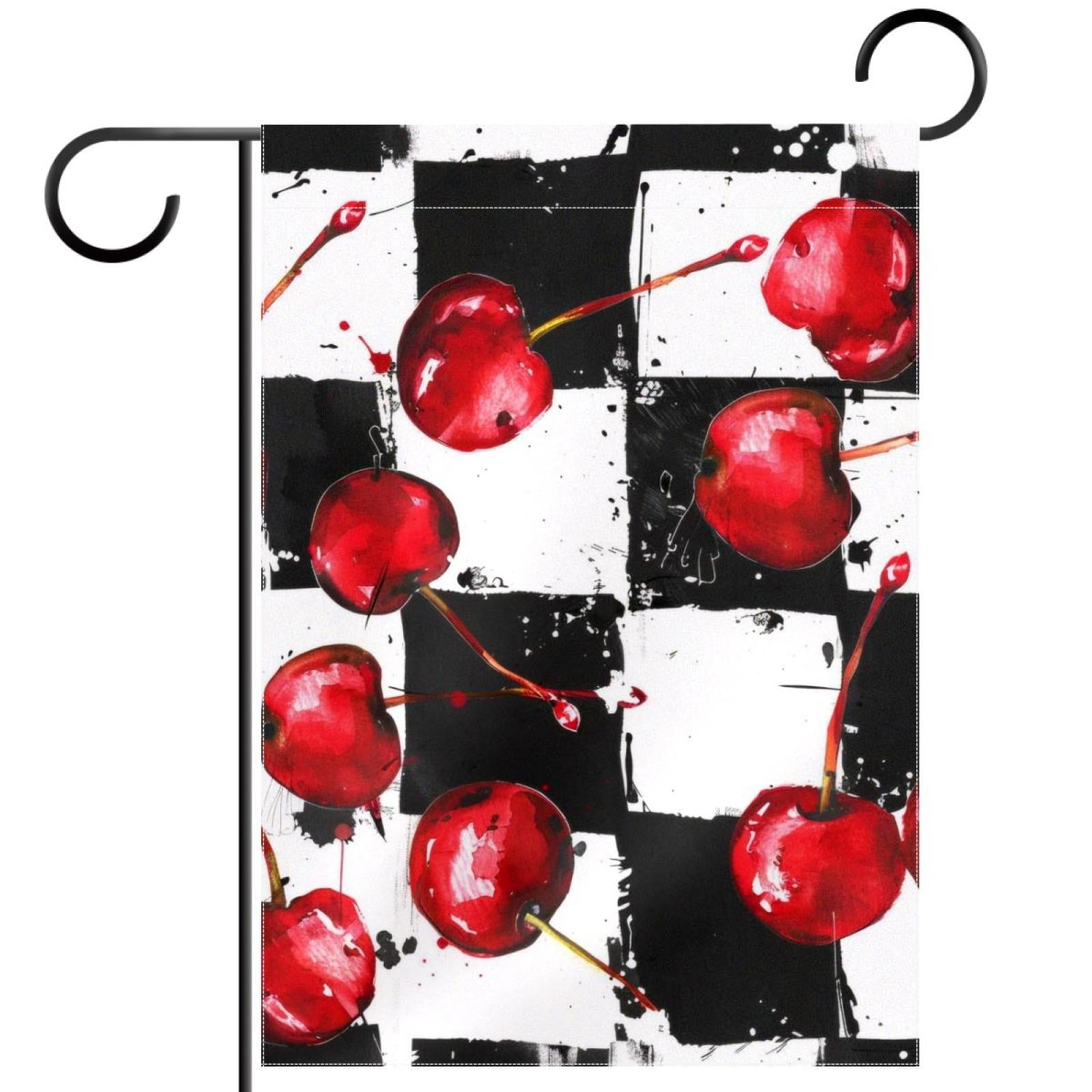 Welcome Red Cherries on Black and White Checkers Garden Flag, Vertical ...