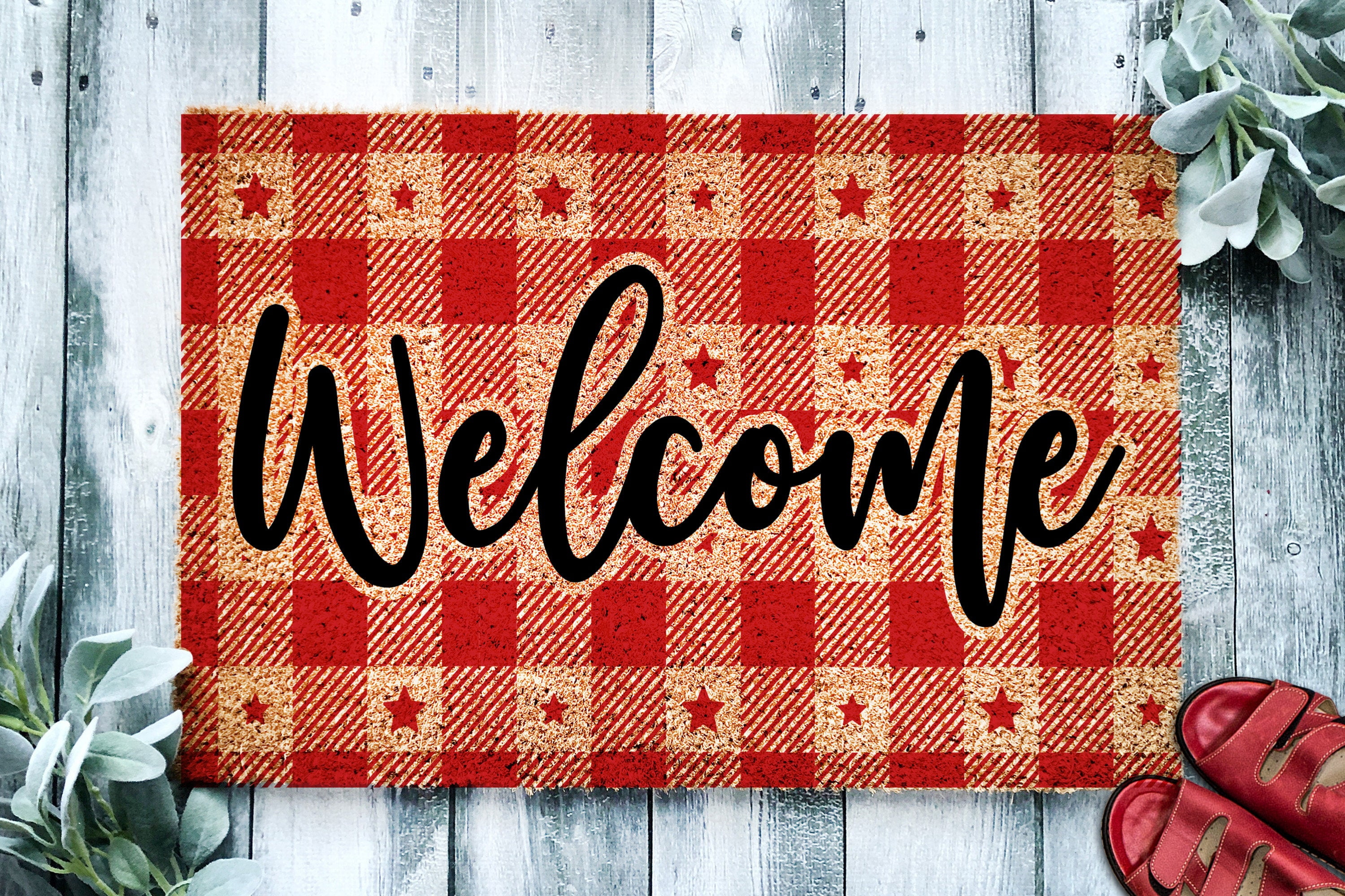 Welcome Red Plaid with Stars Doormat | Summer Housewarming Gift ...