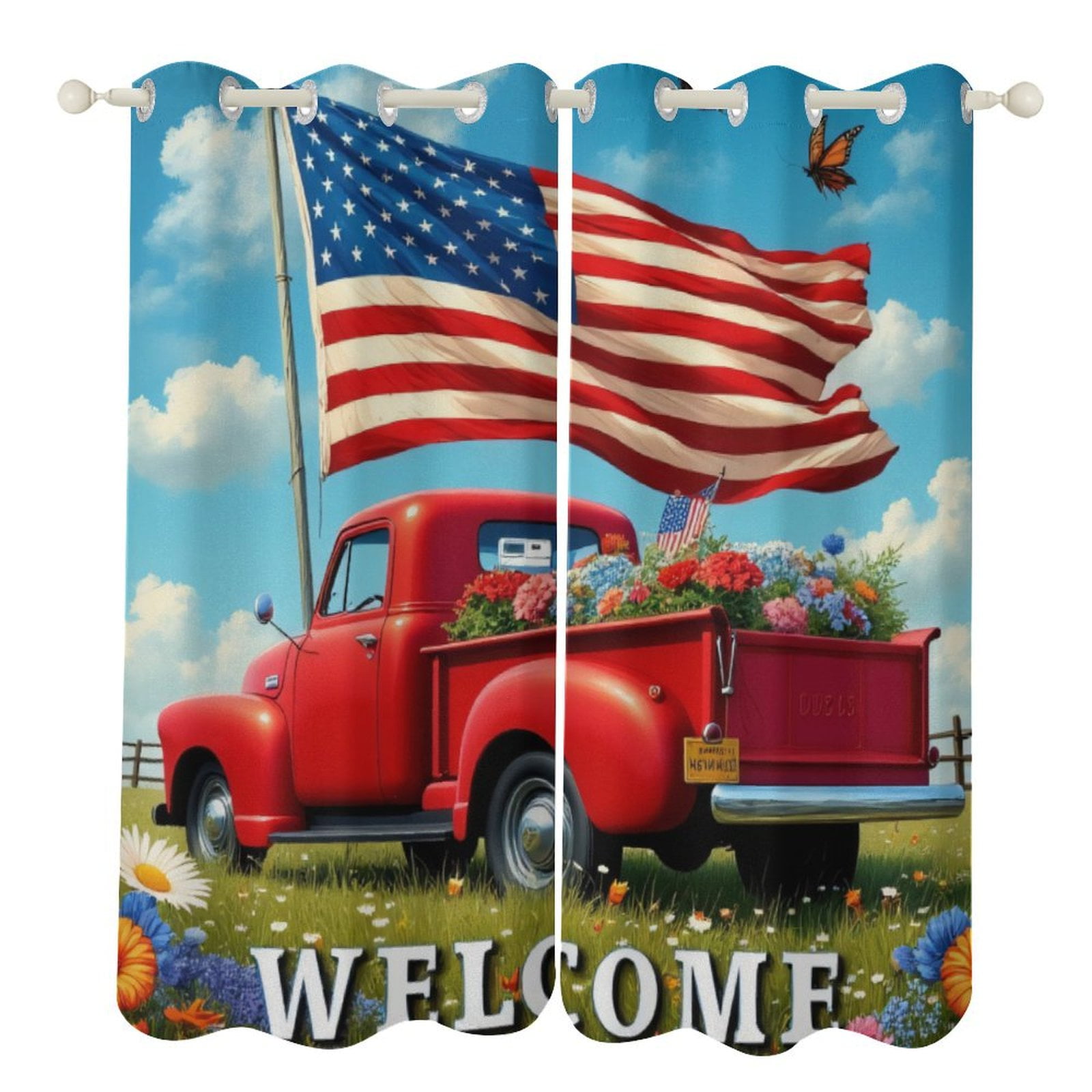 Welcome Red Truck Flag Flowers 2 Panels 3D Printing Pattern Curtain for ...