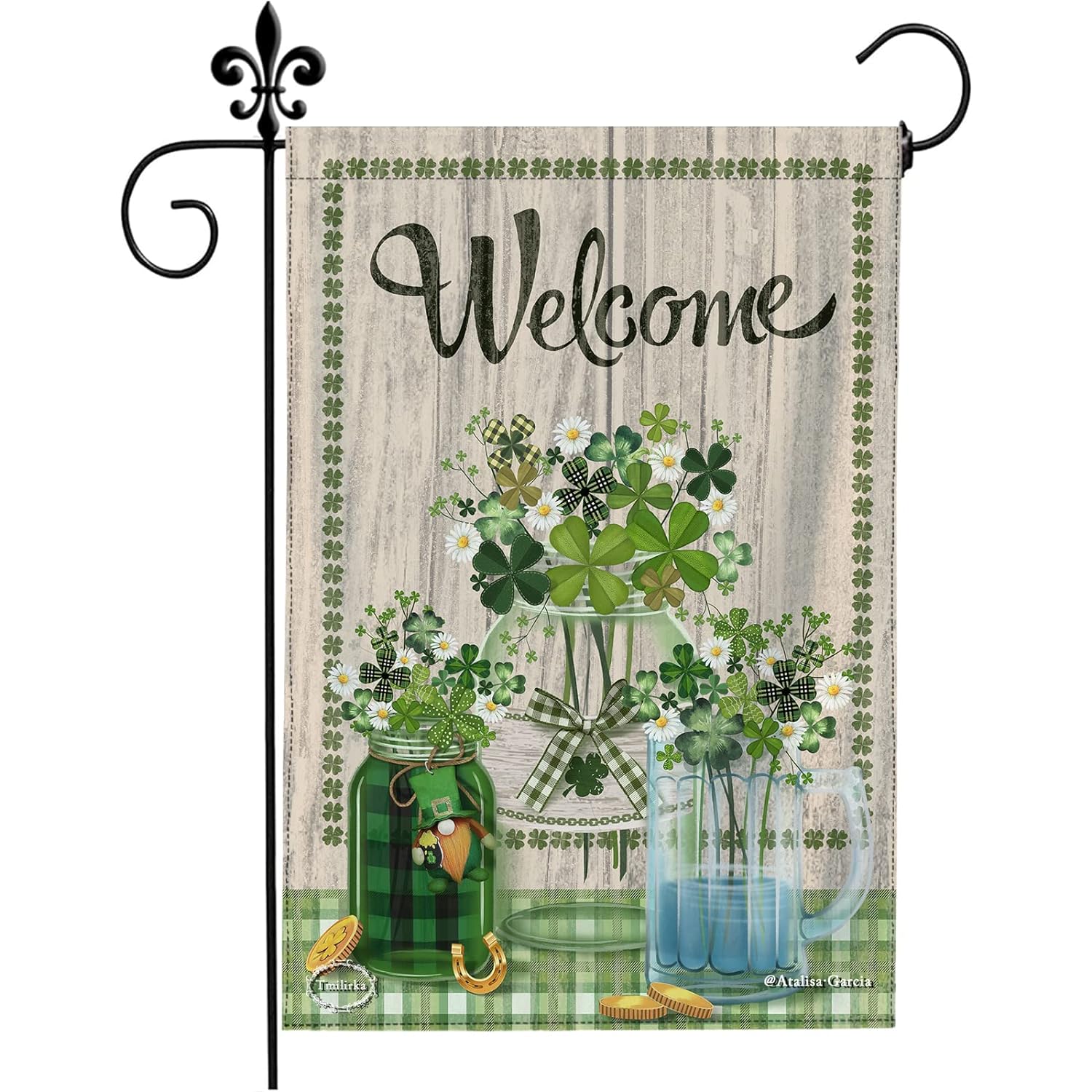 Welcome Saint Patricks Day Shamrock Clover Daisy Flower Mason Jar Green Buffalo Plaid Garden ...