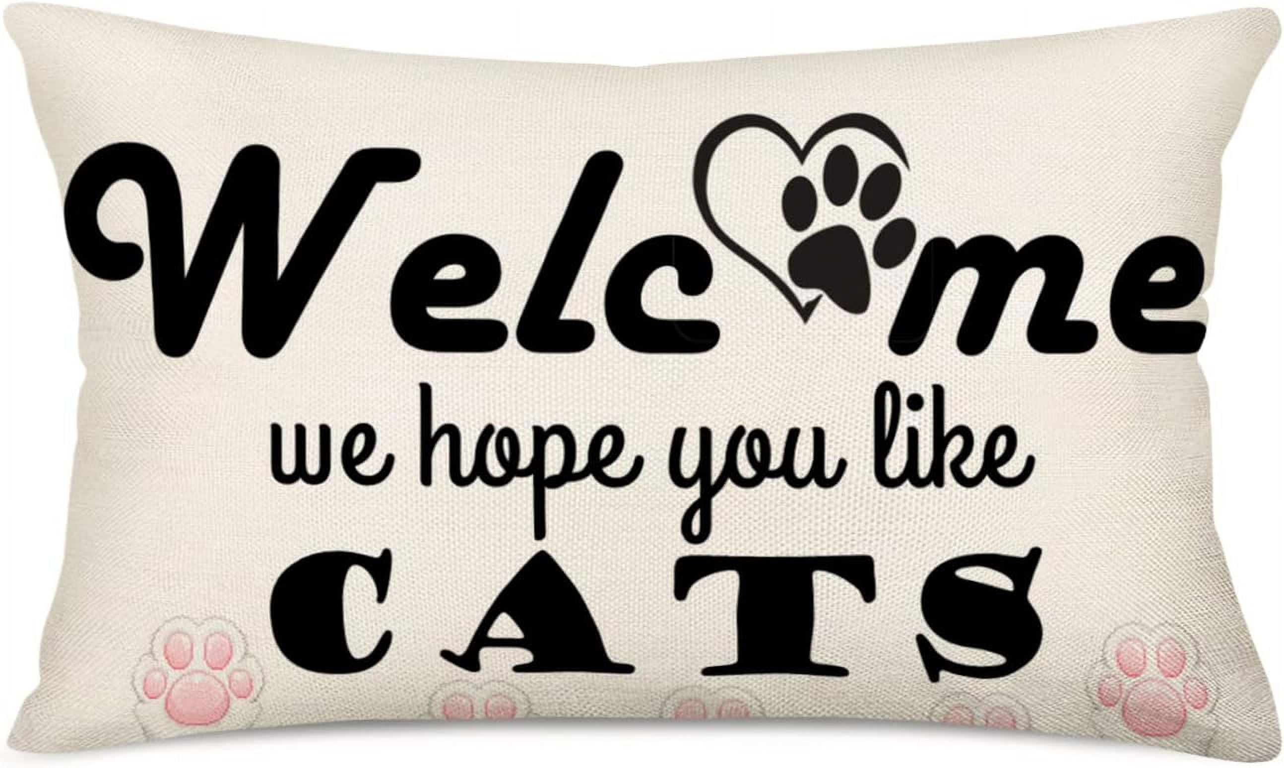 Welcome Saying Words Throw Lumbar Pillow Cover 12x20 Inch Cute Cat''s ...
