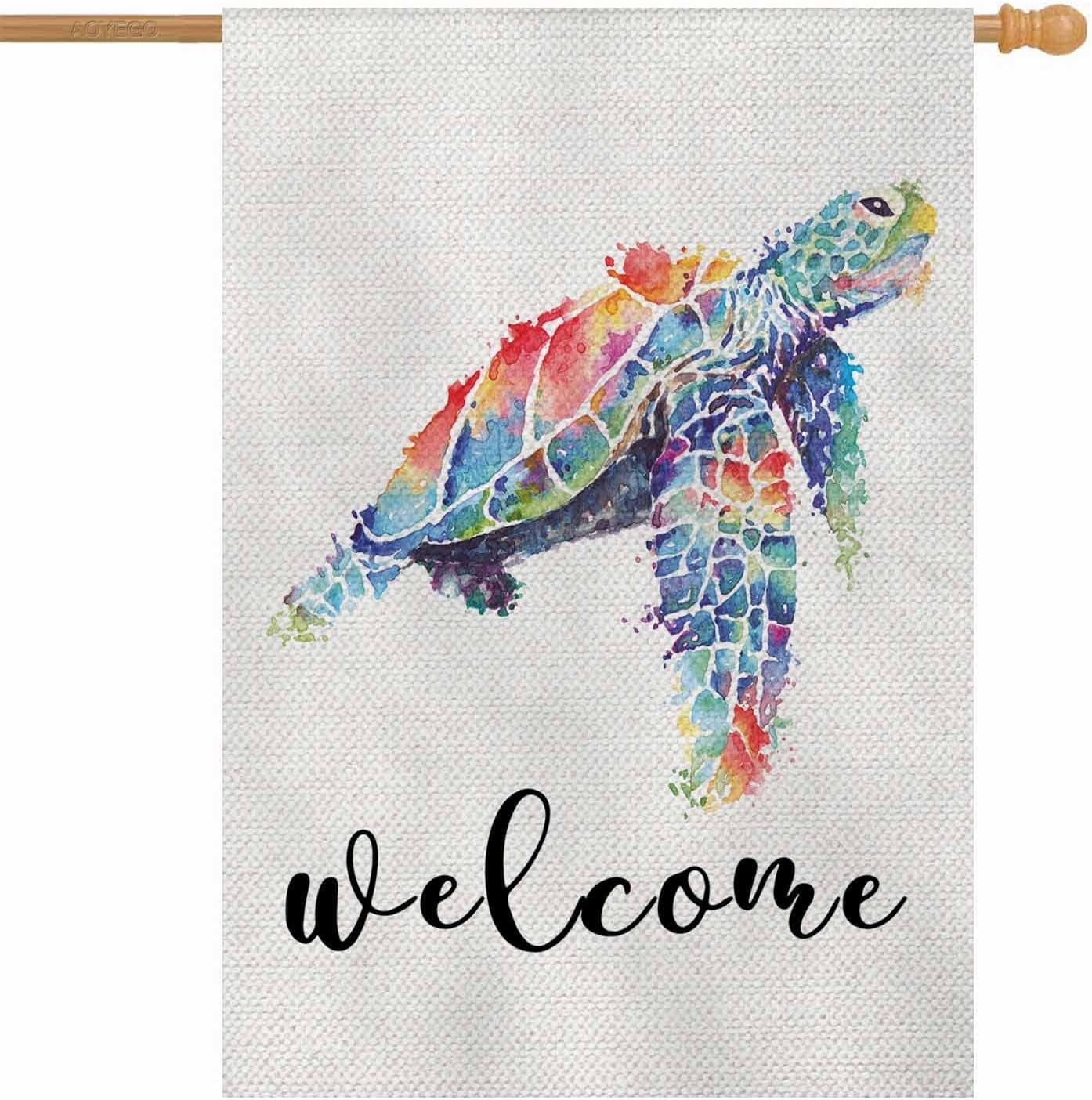 Welcome Sea Turtle House Flag Vertical Double Sided Burlap Watercolors ...