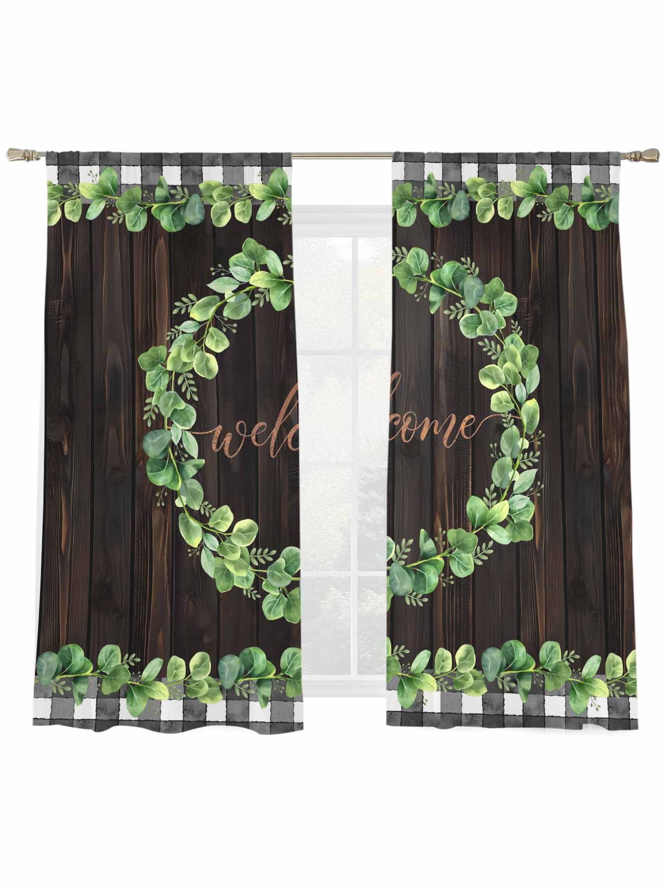 Welcome Sheer Curtains 2 Panels Set Spring Eucalyptus Leaf Plaid ...