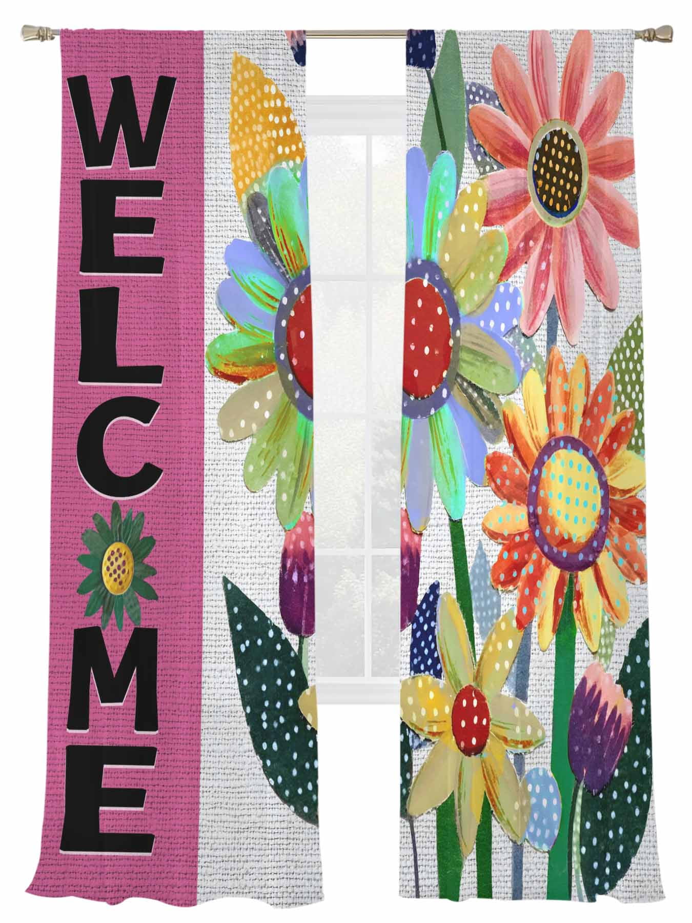 Welcome Sheer Curtains 2 Panels Set Spring Yellow Green Dots Floral ...