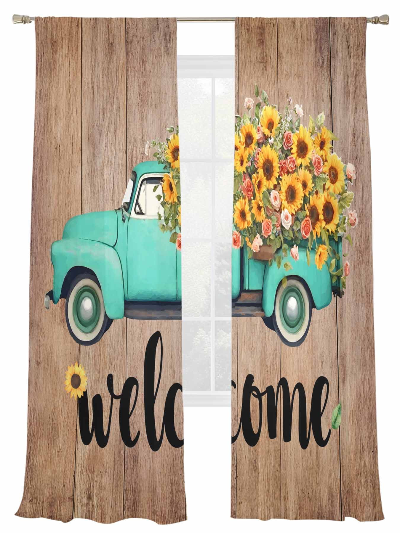 Welcome Sheer Curtains 2 Panels Set Summer Flowers Light Blue Truck ...