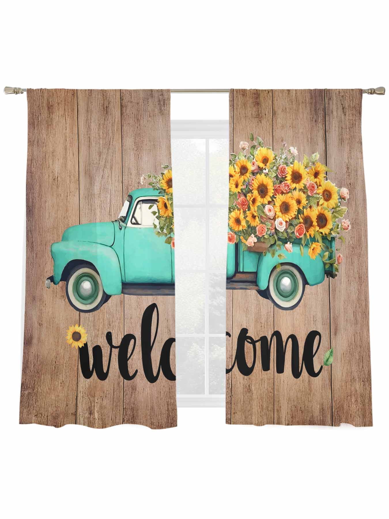 Welcome Sheer Curtains 2 Panels Set Summer Flowers Light Blue Truck ...
