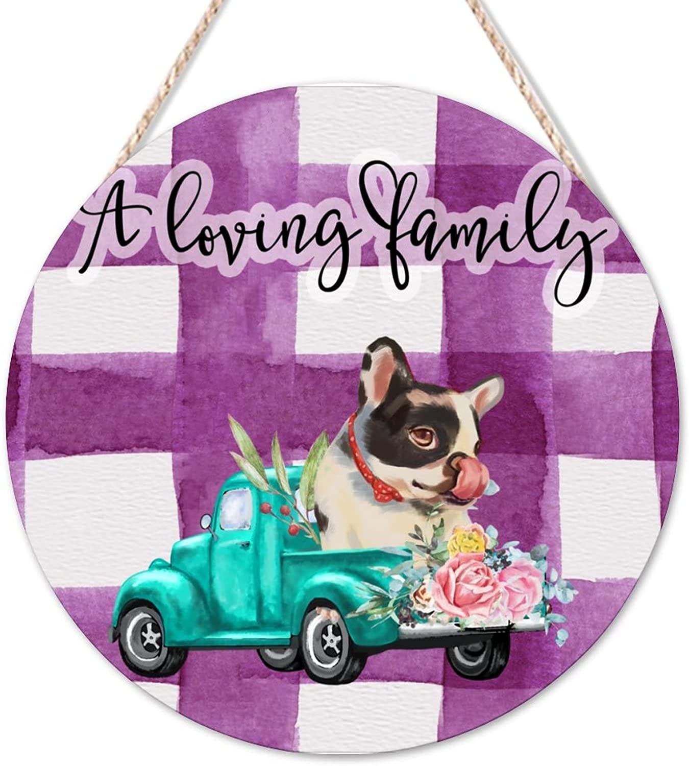 Welcome Sign A Loving Family Round Wooden Signs Purple Buffalo Plaid ...